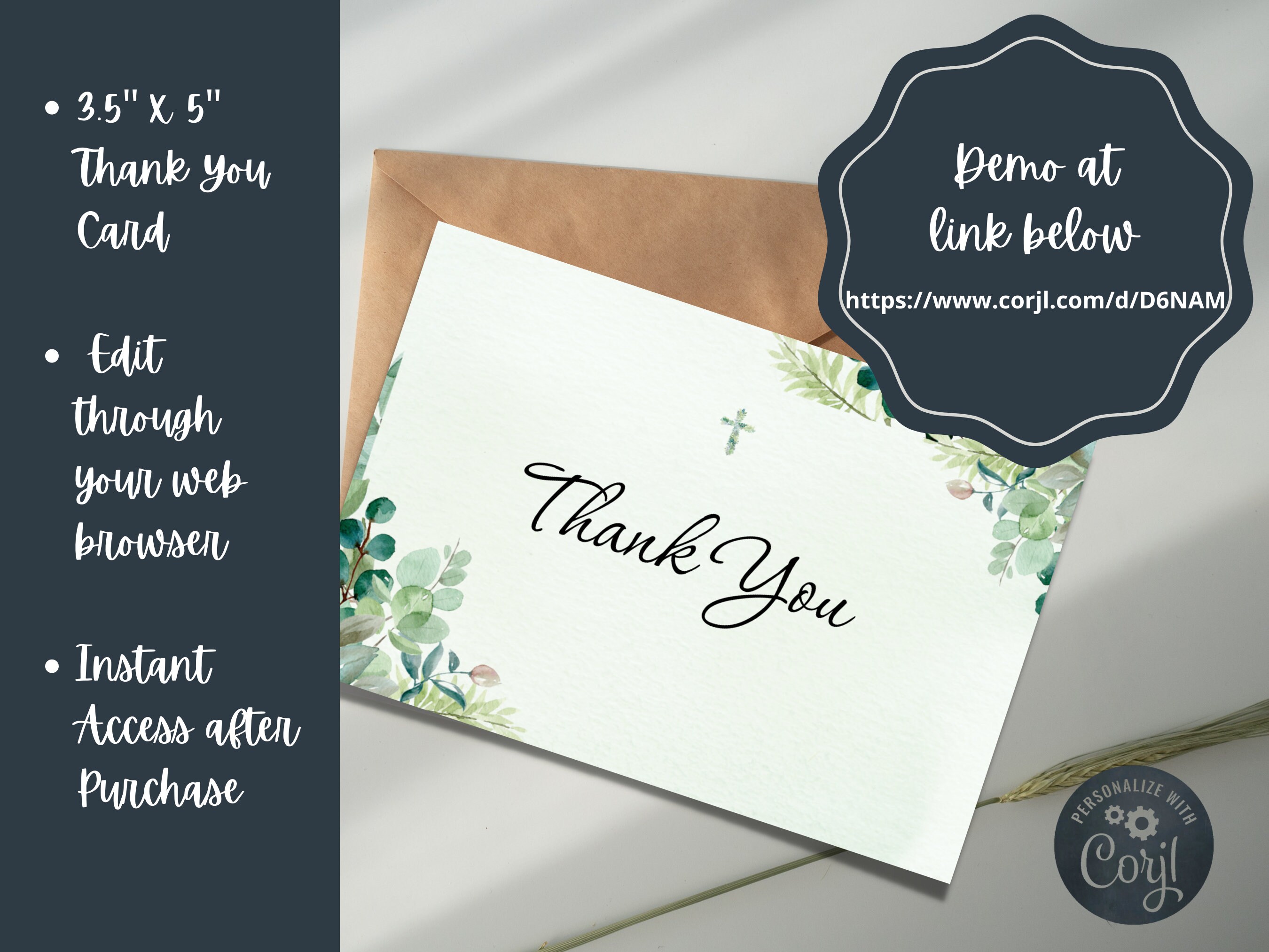 First Holy Communion Thank You Card, Greenery, Communion Favor ...