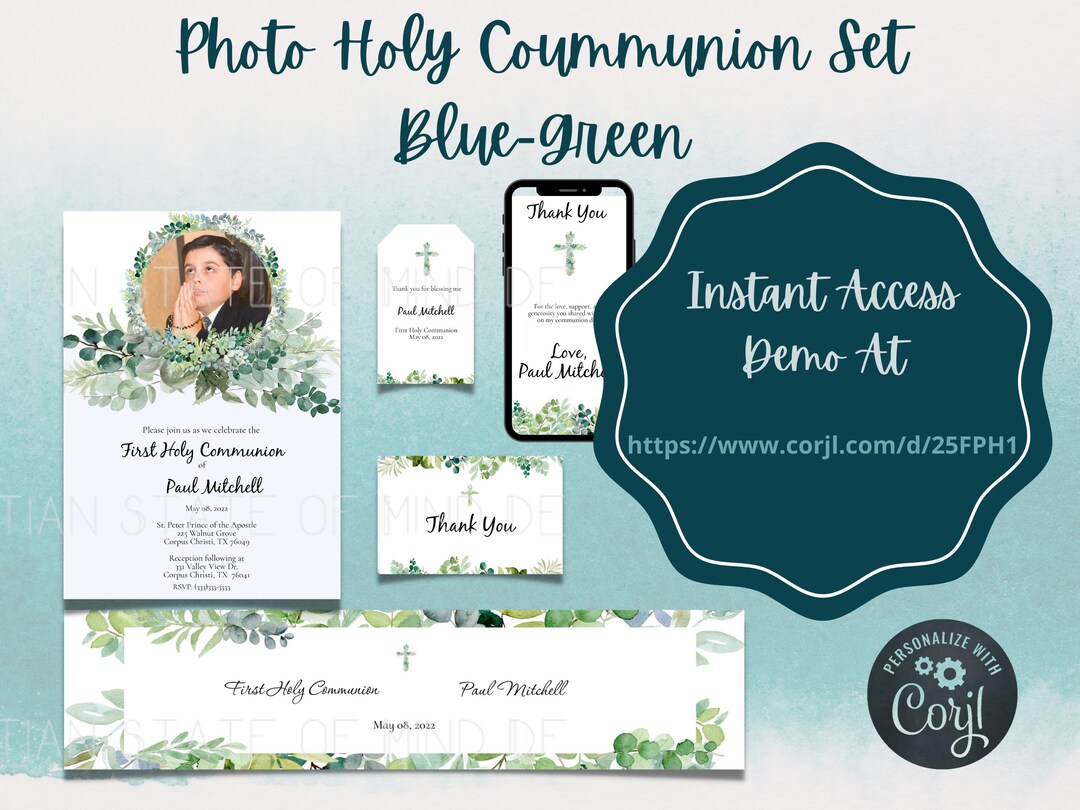 Blue Photo First Holy Communion Set, 1st Holy Communion, Invitation ...