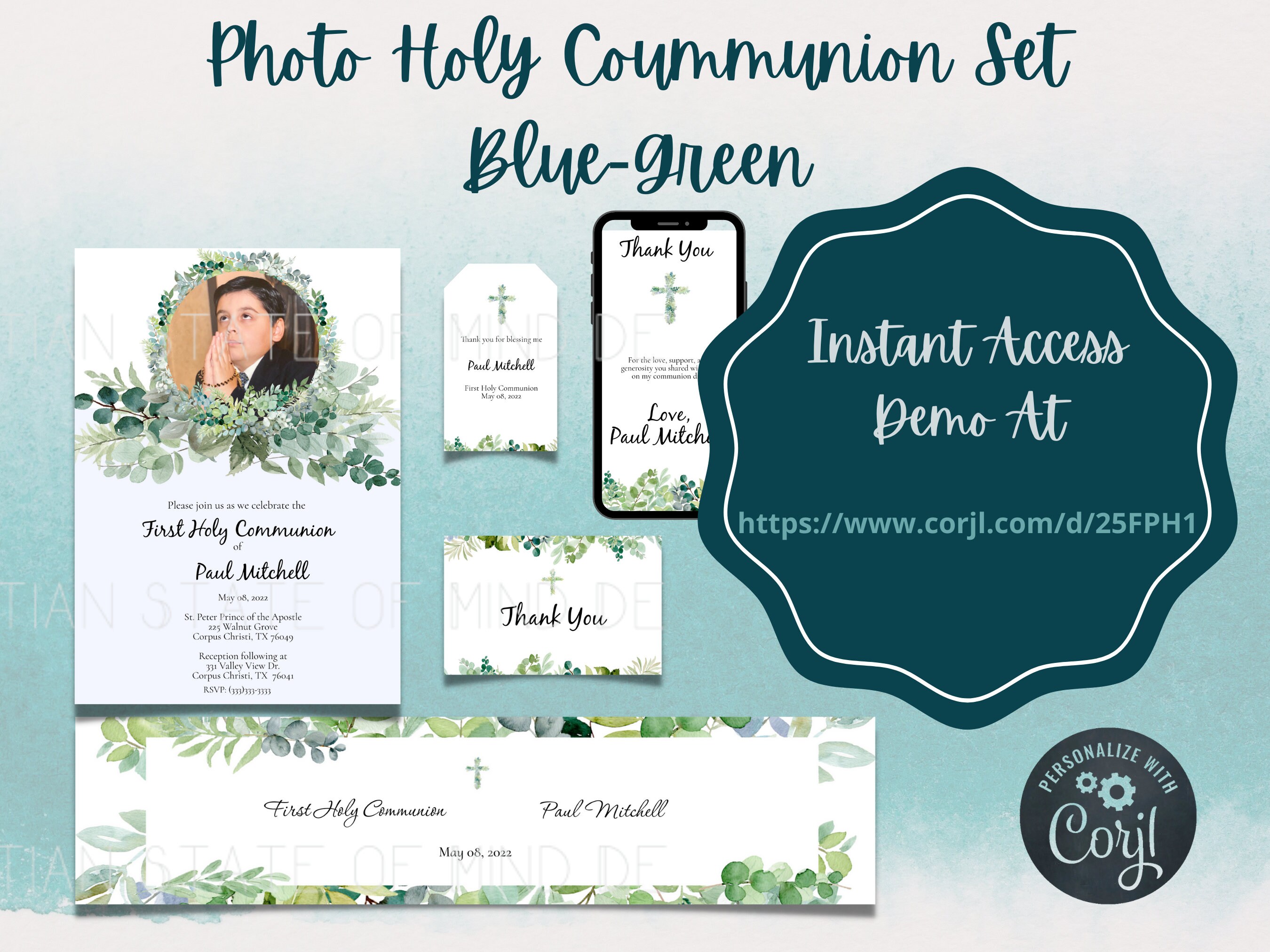 Blue Photo First Holy Communion Set, 1st Holy Communion, Invitation ...