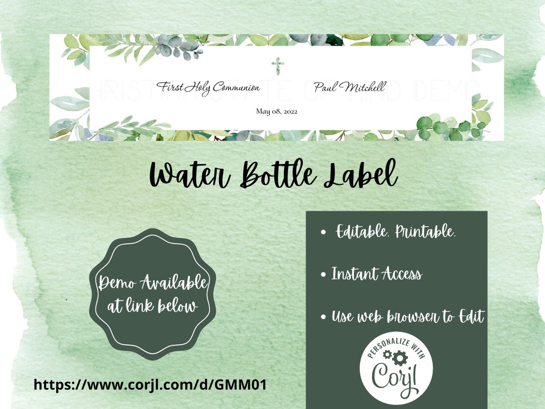 Water Bottle Label Template, Greenery, First Holy Communion Party Favor ...