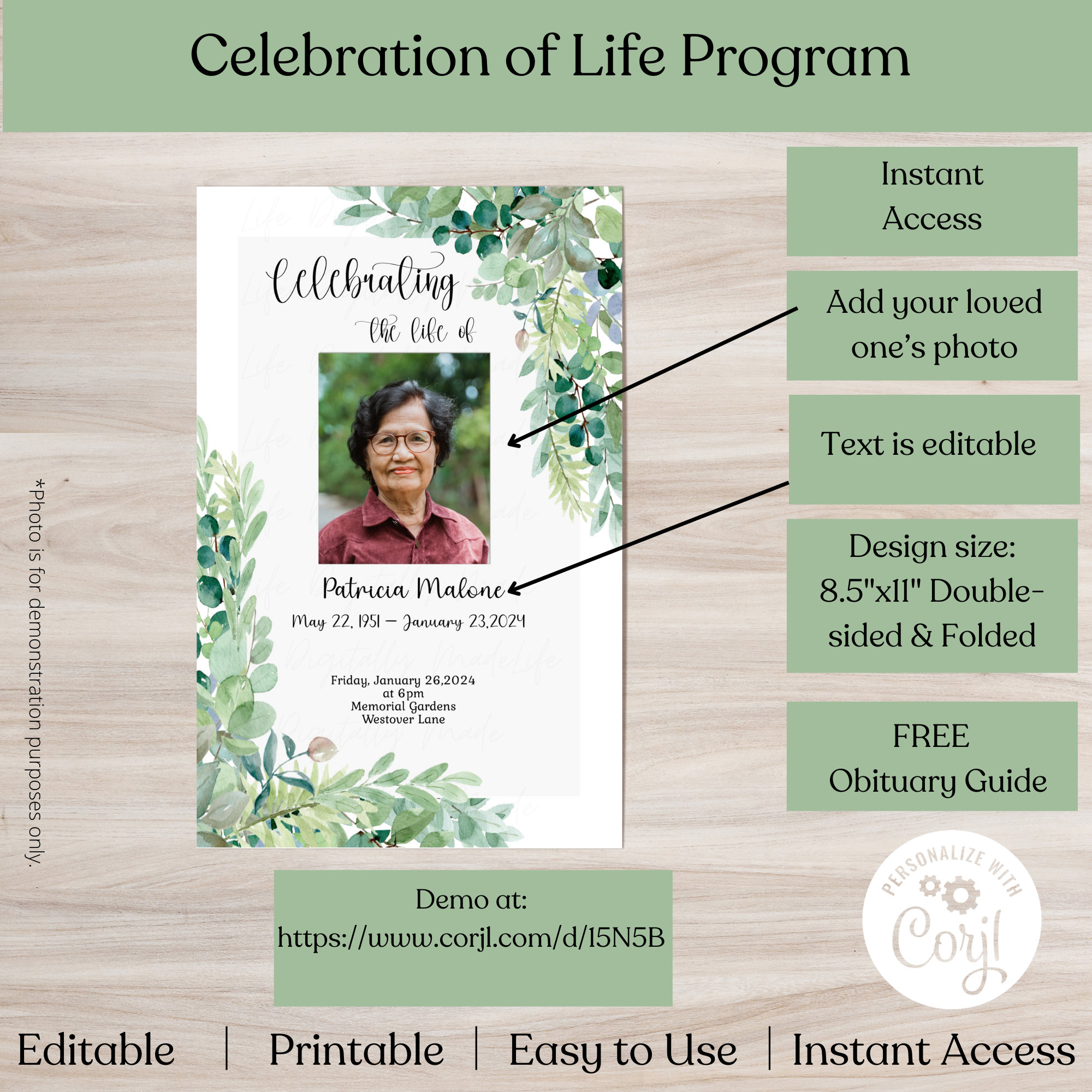 4 Page Celebration of Life Program | Editable Remembrance Template ...