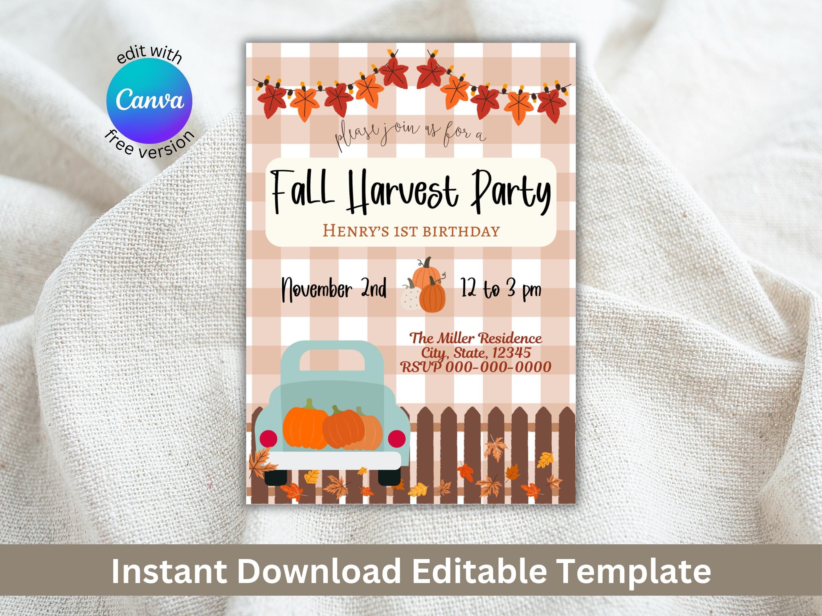 Fall Harvest Birthday Invitation, Editable Fall Birthday Template, Fall ...