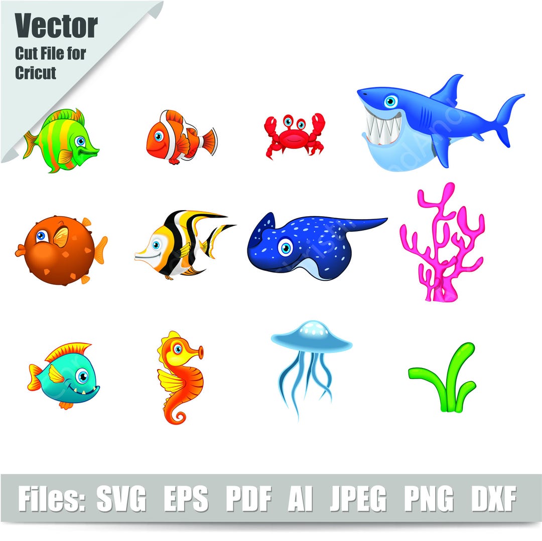 Colorful Sea Animals SVG Bundle, Cute Fish Clipart (digital Download ...