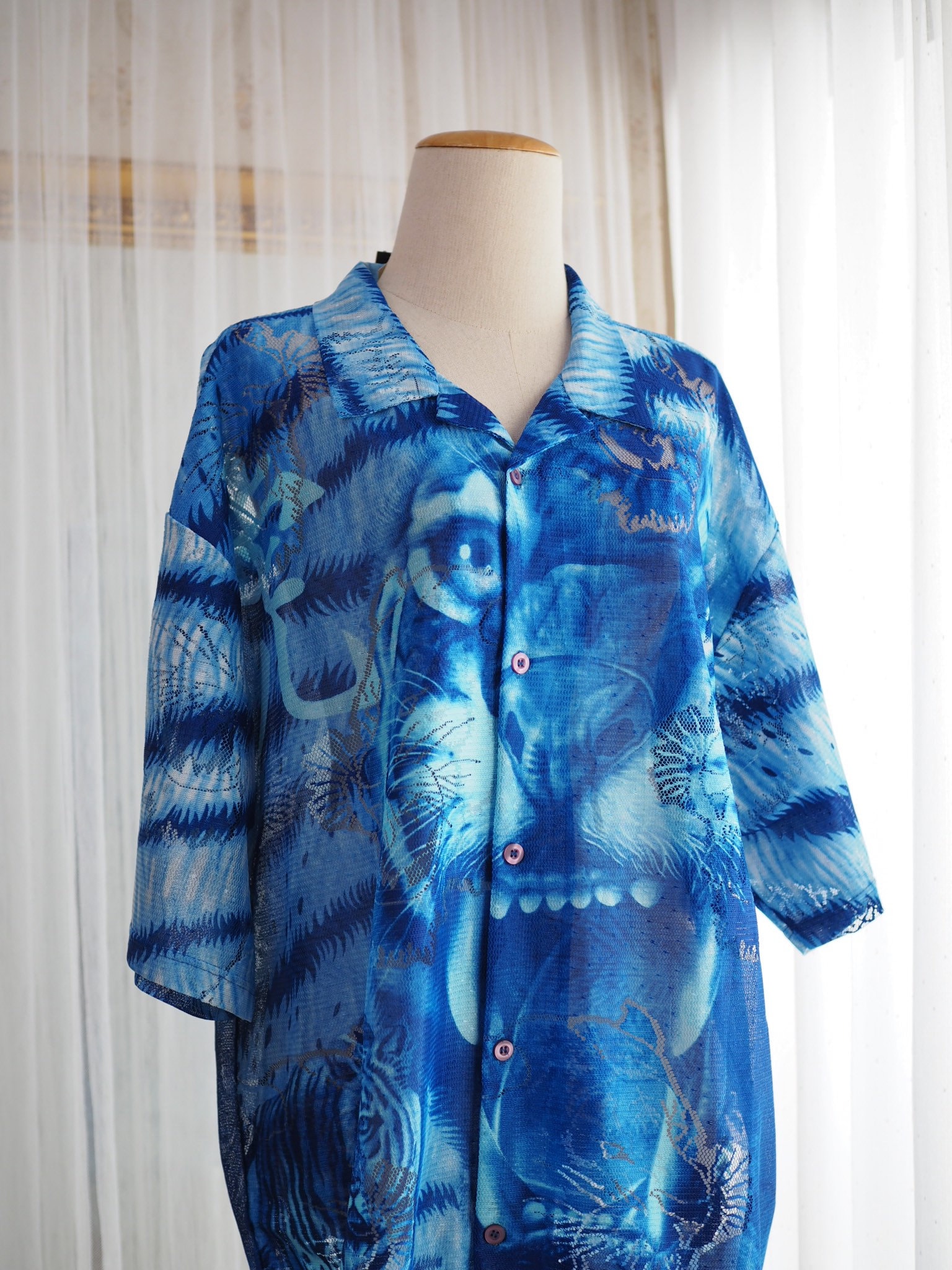 Blue Tiger Print Shirt – Rare Vintage Style Top, Oversized XL Blouse ...