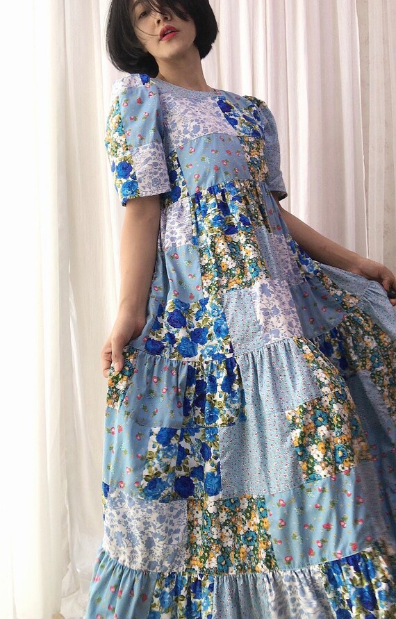 Babydoll Blue Fresh Flower Patchwork Long Dress - Etsy