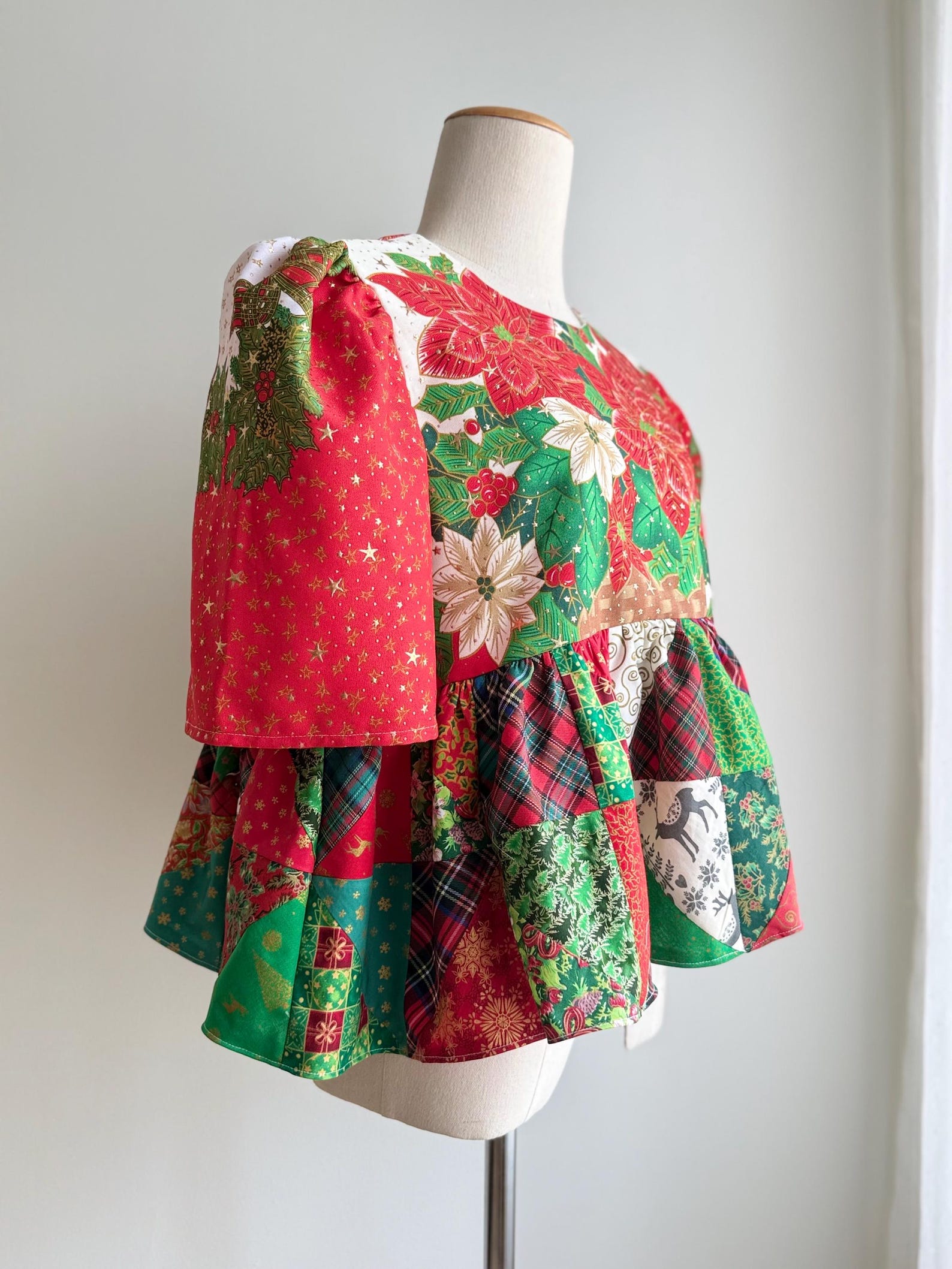 Handmade Festive Patchwork Two-piece Set — Peplum Puff-sleeve Top ...