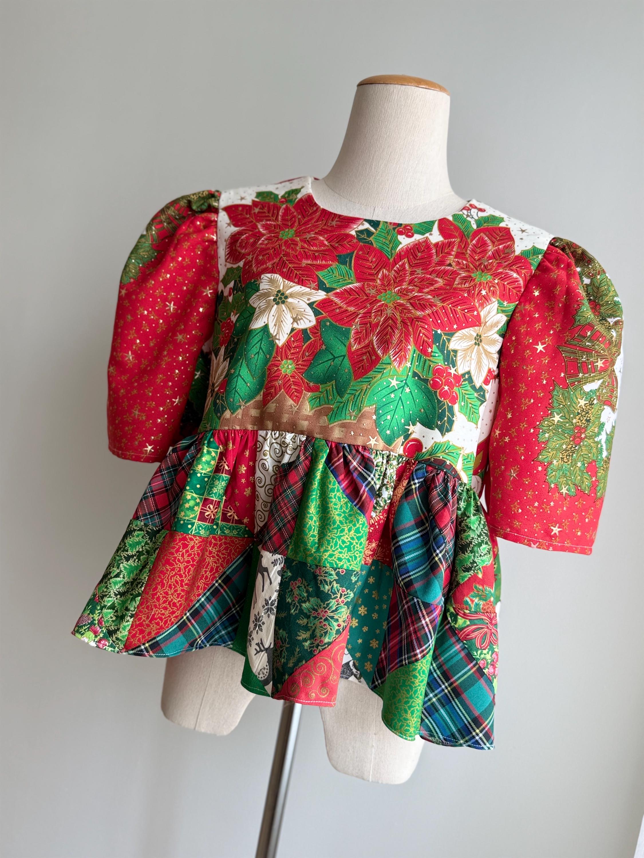 Handmade Festive Patchwork Two-piece Set — Peplum Puff-sleeve Top ...