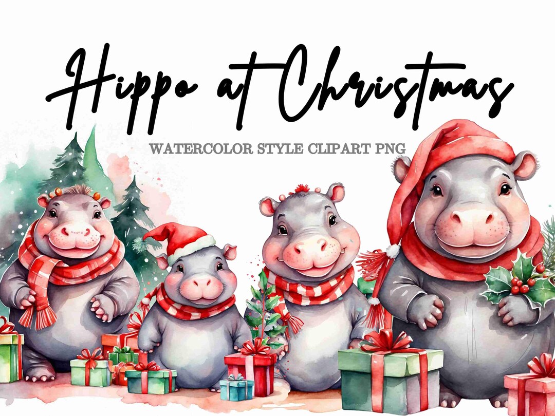 Hippo Moo Deng at Christmas Watercolor Clipart,png,instant Digital ...