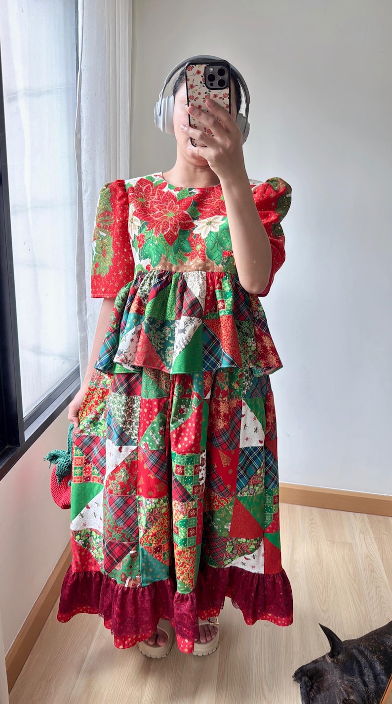 Handmade Festive Patchwork Two-piece Set — Peplum Puff-sleeve Top ...