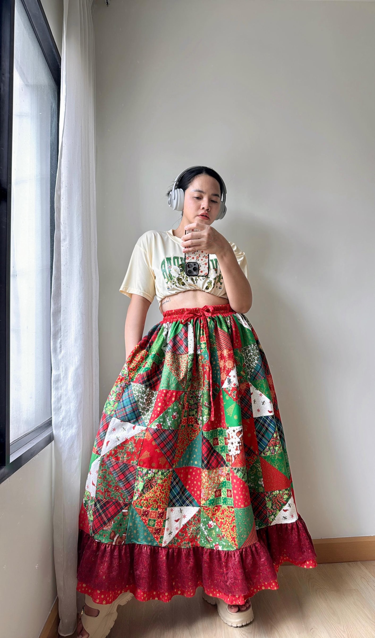 Handmade Festive Patchwork Two-piece Set — Peplum Puff-sleeve Top ...