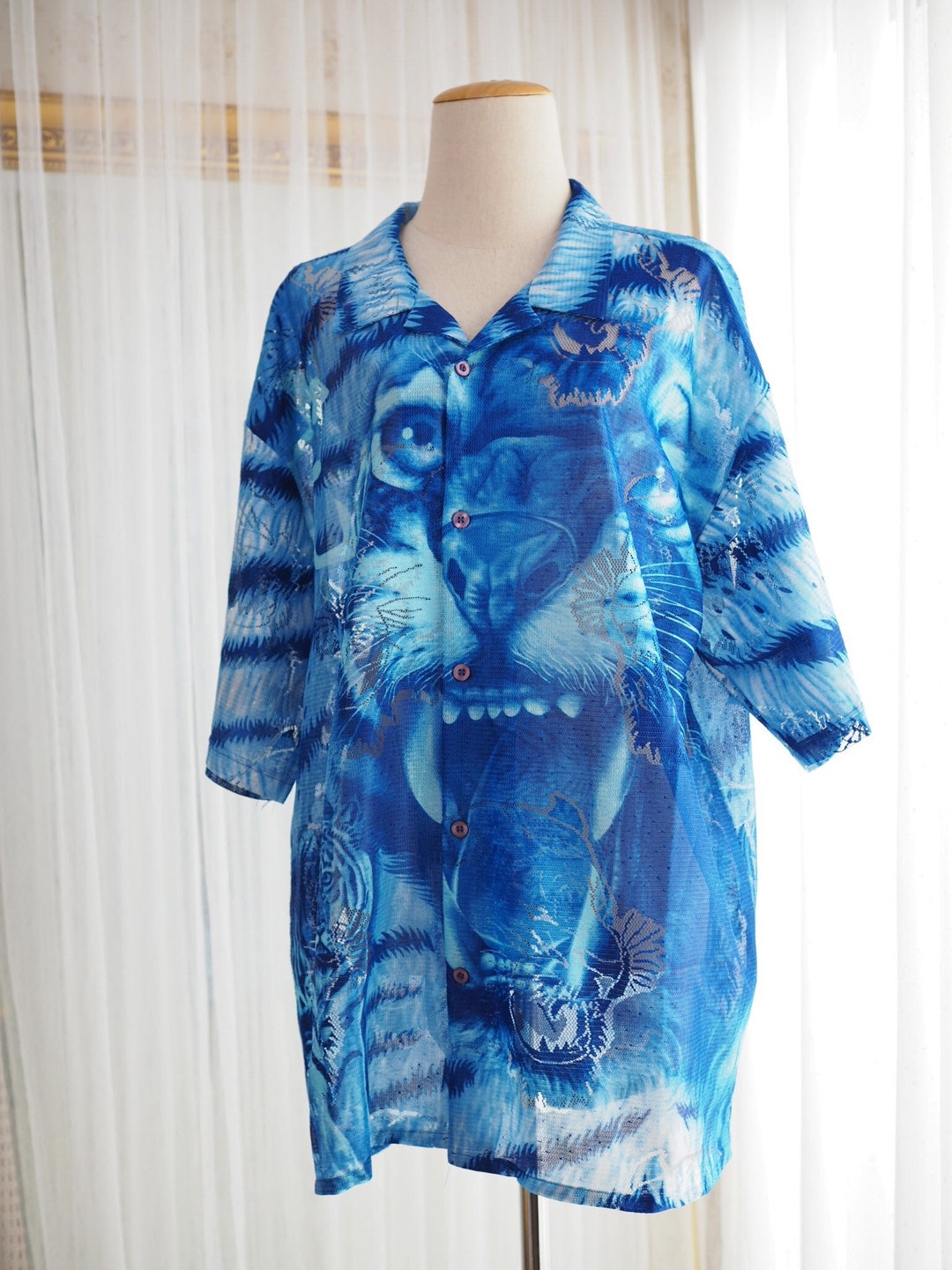 Blue Tiger Print Shirt – Rare Vintage Style Top, Oversized XL Blouse ...
