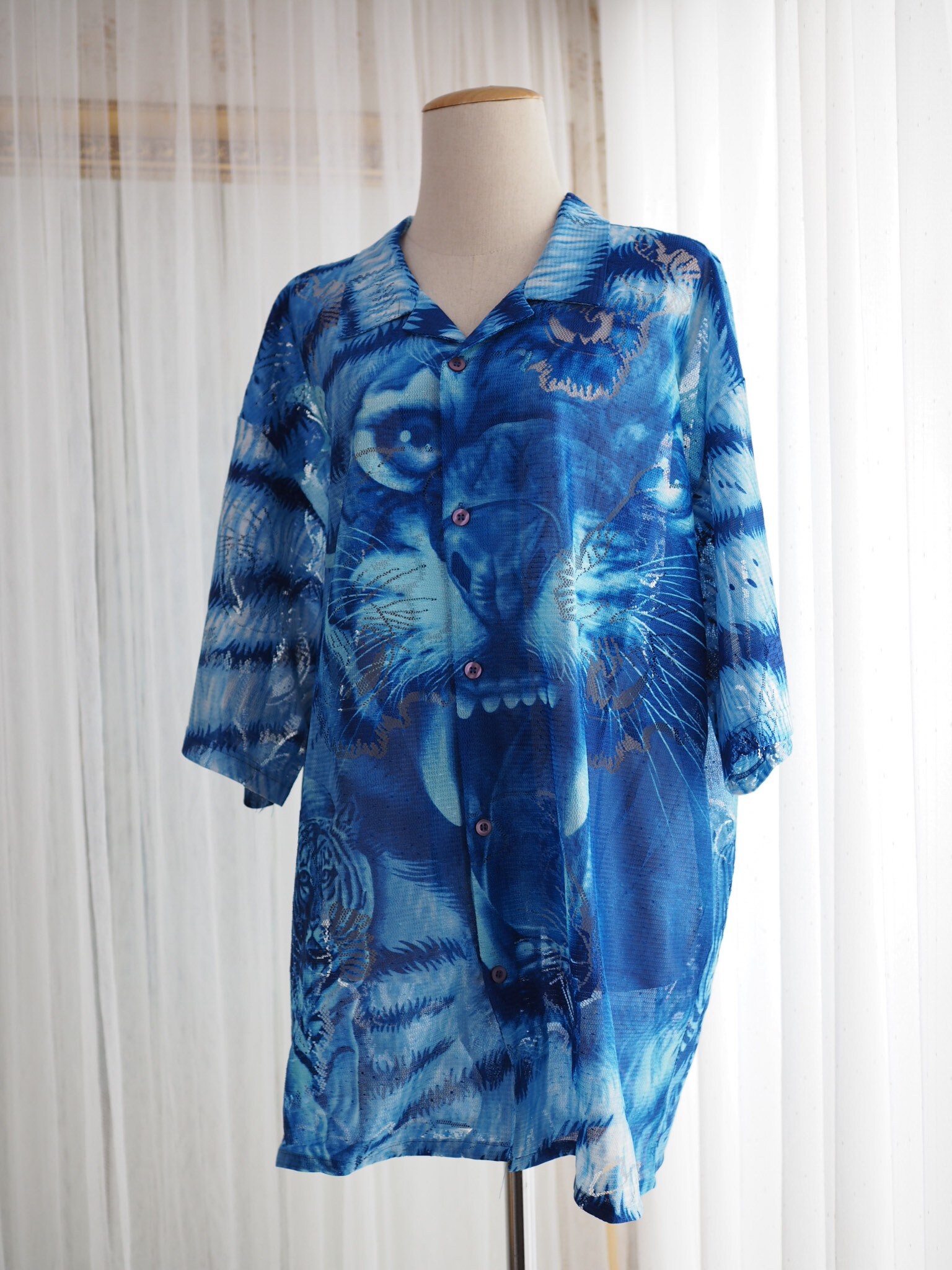 Blue Tiger Print Shirt – Rare Vintage Style Top, Oversized XL Blouse ...