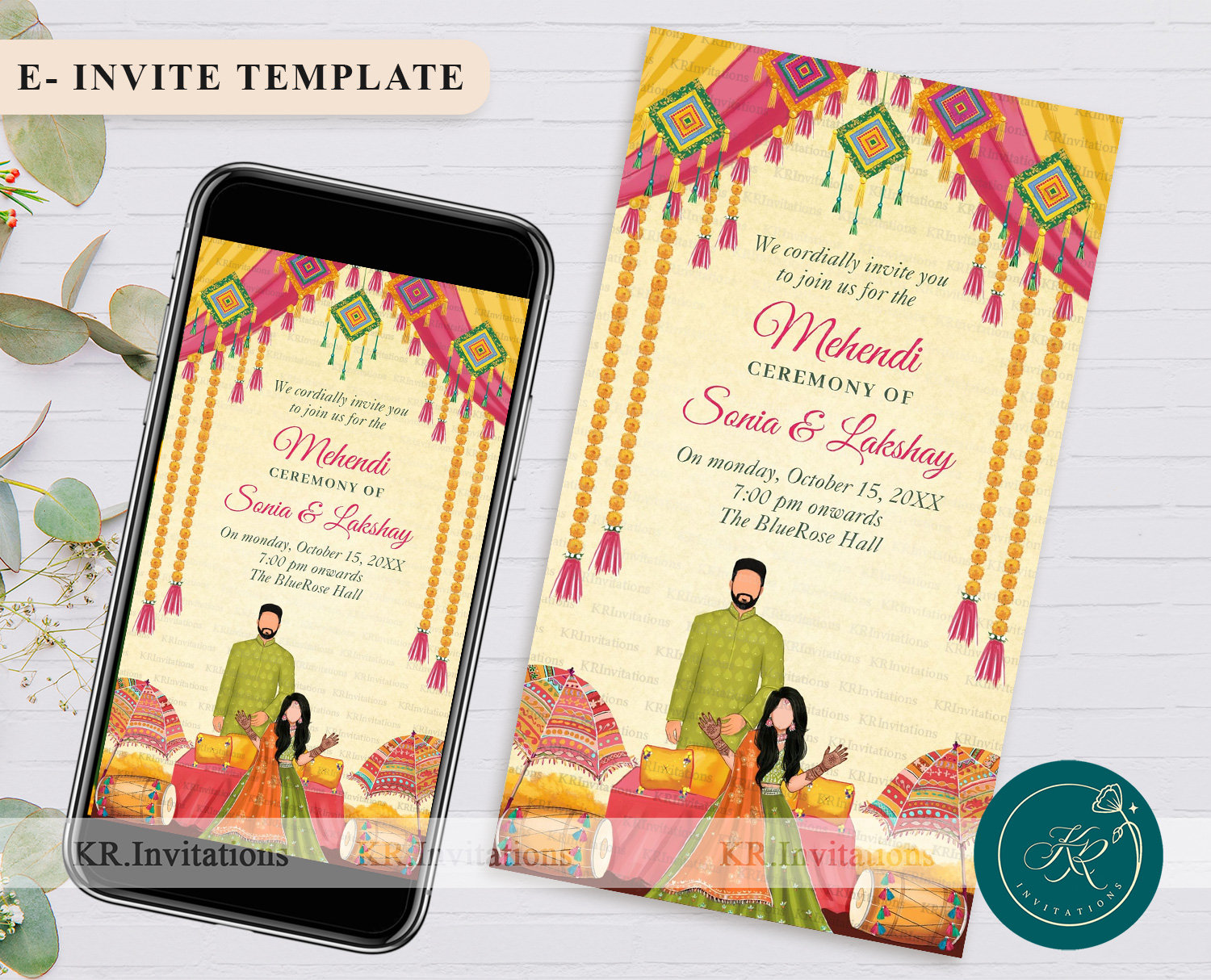 Online Mehendi Invitation Template, Mehndi Invite Digital Cartoon ...