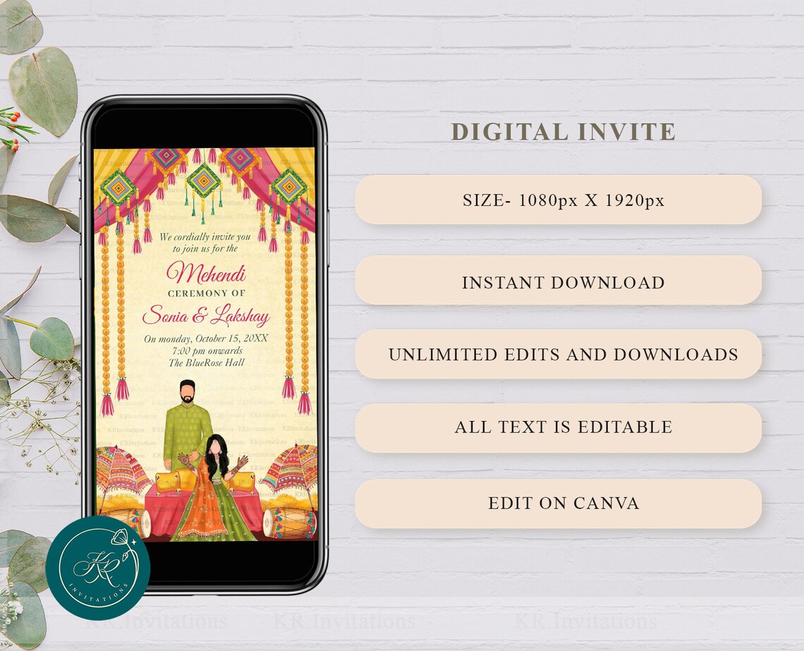Online Mehendi Invitation Template, Mehndi Invite Digital Cartoon ...