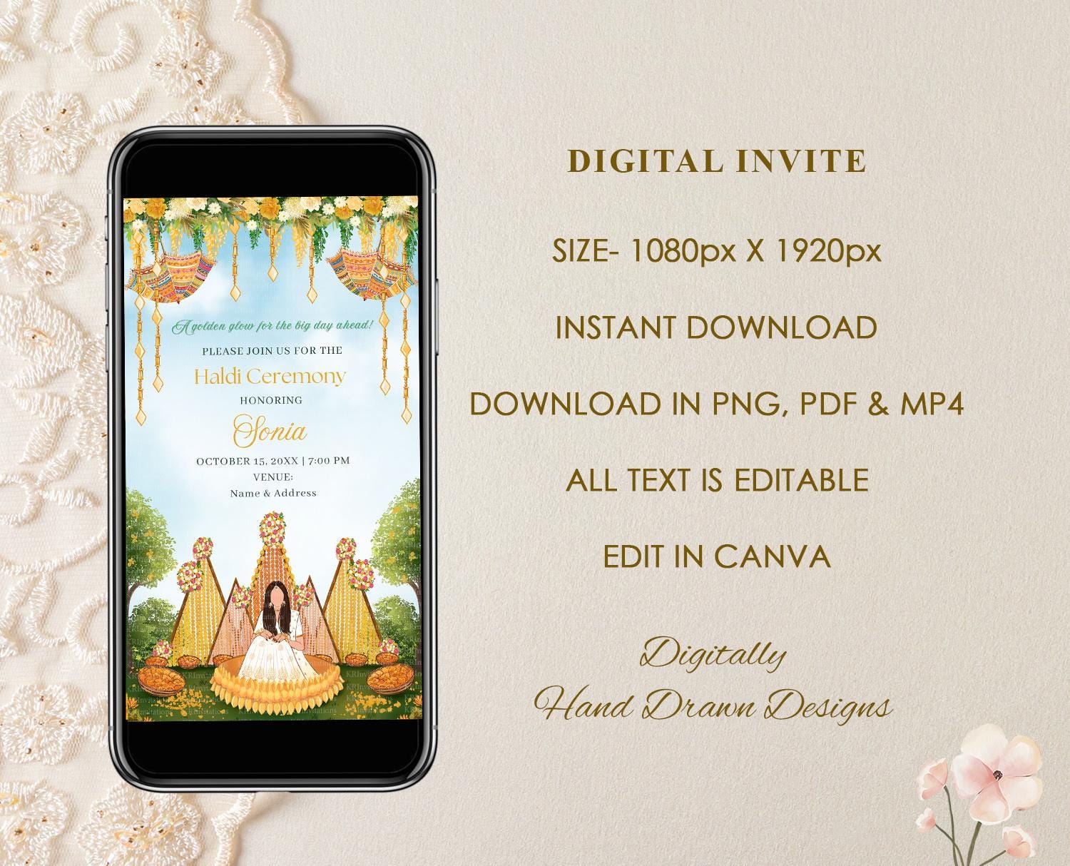 Haldi Invitation Card, Digital Pithi Invite Template, Editable E ...