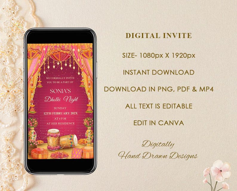 Fancy Dholki Night Invitation Template: Editable Indian Wedding E ...
