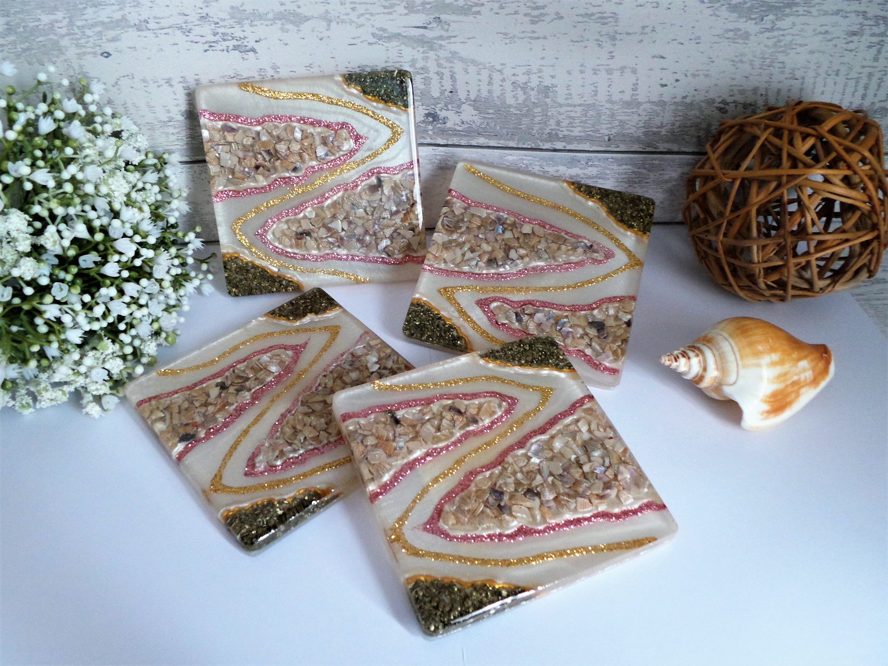 Shells in Resin Square Coaster Set of 4 - Etsy