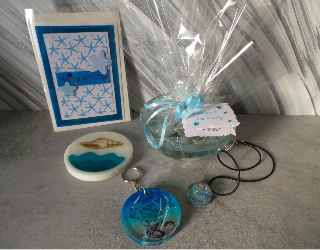 Birthday Card Sea Ocean Themed Gift Set of 5 Handmade White Blue Candle ...