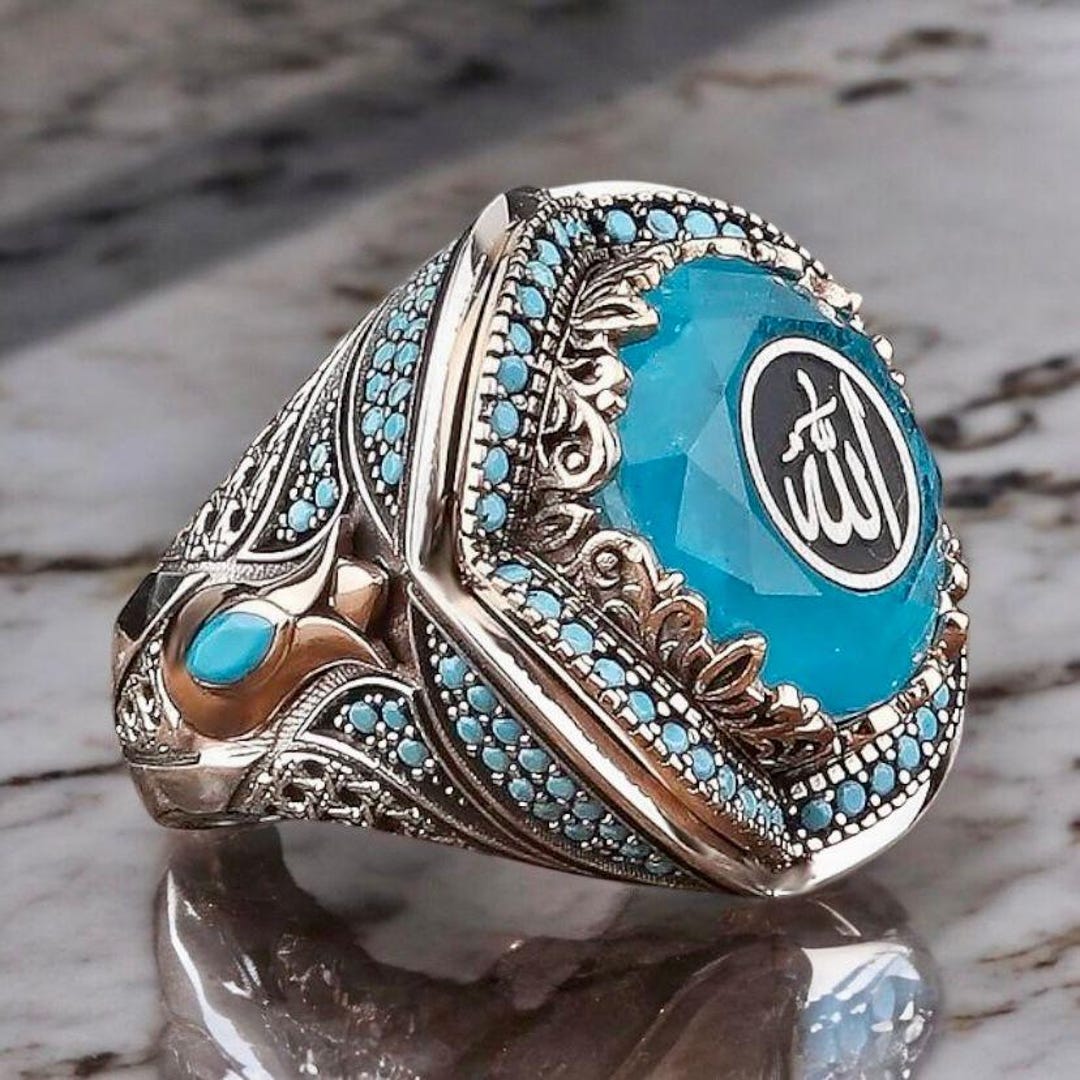 Allah Engraved Men Ring,aquamarine Stone Men Ring,sterling Silver Allah ...