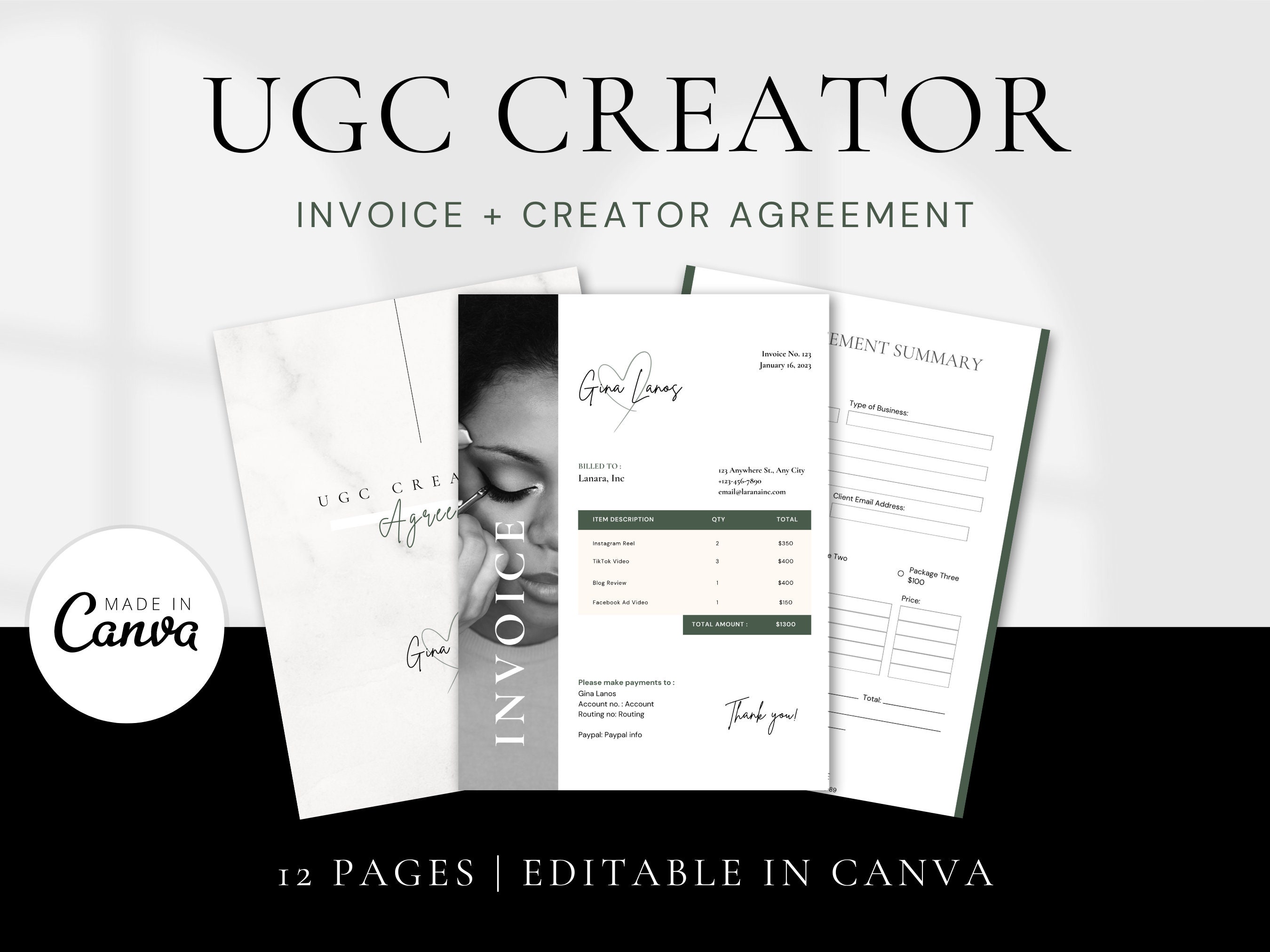 UGC Creator Contract and Invoice Templates for CANVA, UGC Invoice ...