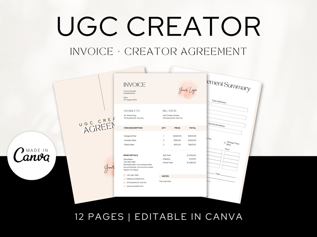 UGC Creator Contract and Invoice Templates for CANVA, UGC Invoice ...