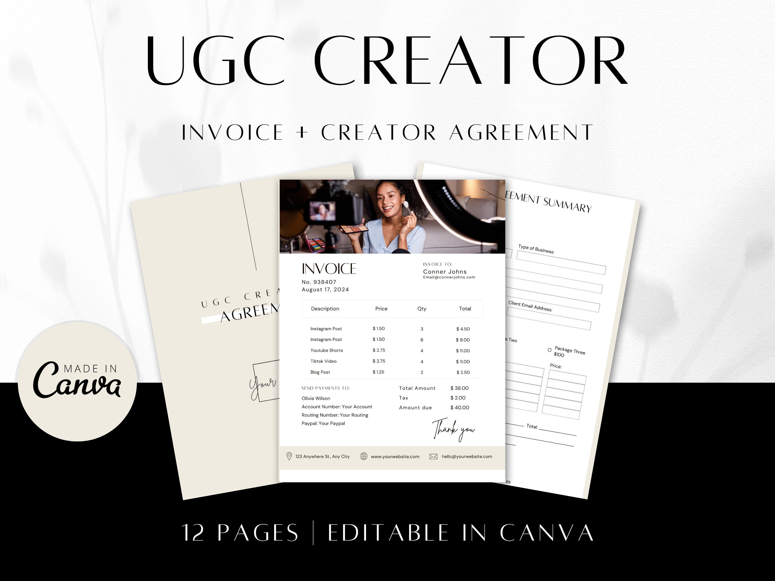 UGC Creator Contract and Invoice Templates for CANVA, UGC Invoice ...