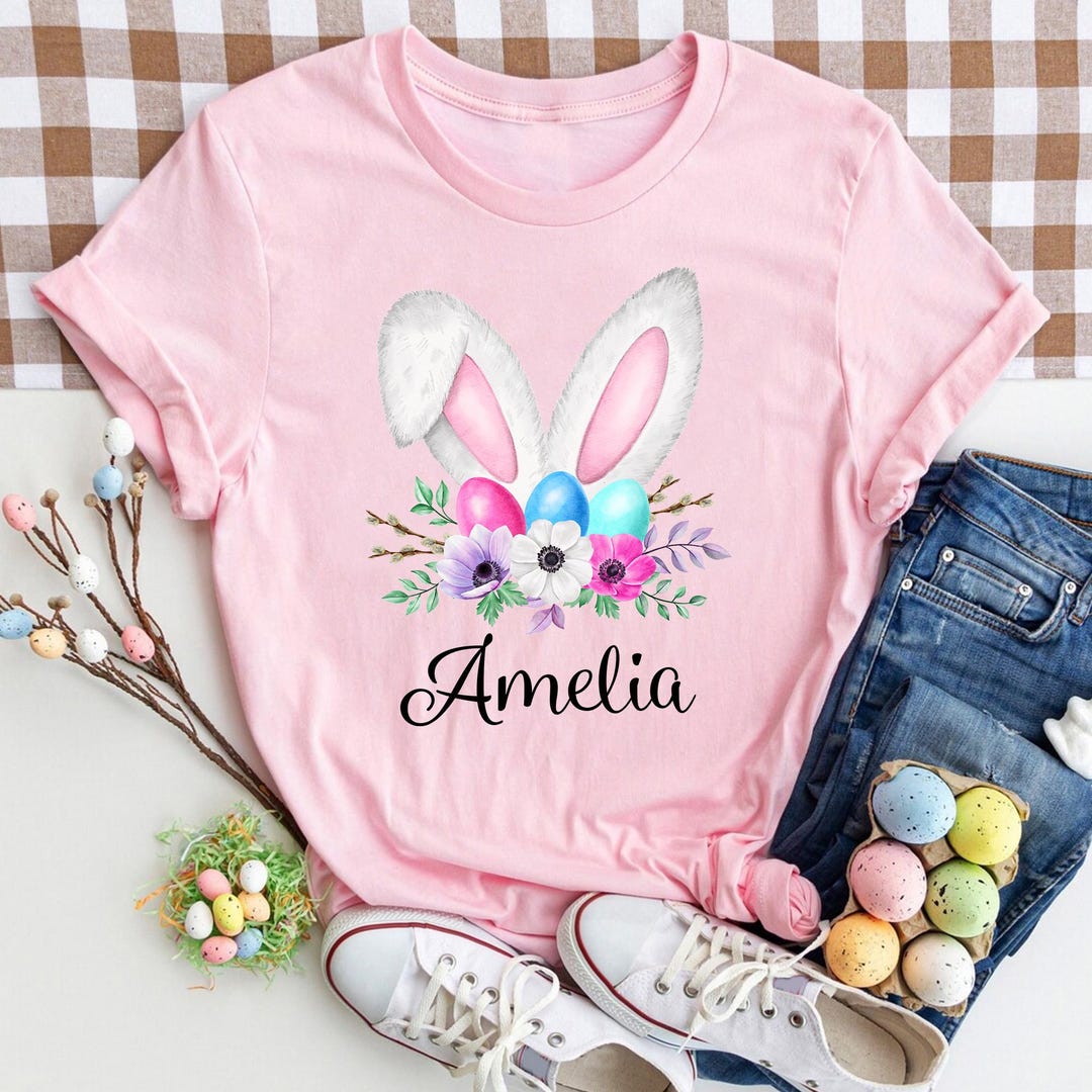 Cute Bunny Shirt With Name, Personalized Easter Eggs Shirt, Floral ...