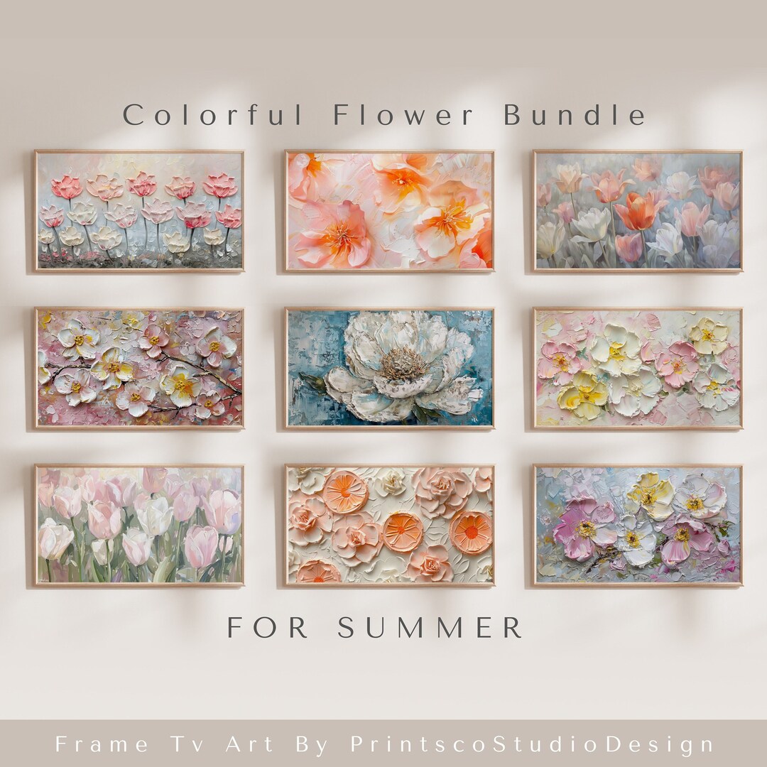 Frame TV Art Set of 9 Colorful Floral Painting, Summer Frame Tv Art ...