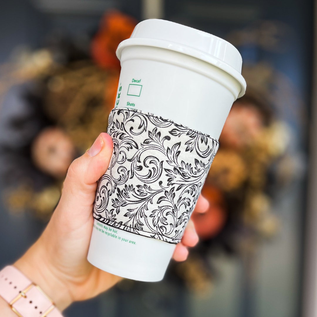 Stylish Reusable Coffee Sleeve - Black & Cream Damask Fabric, Great for ...