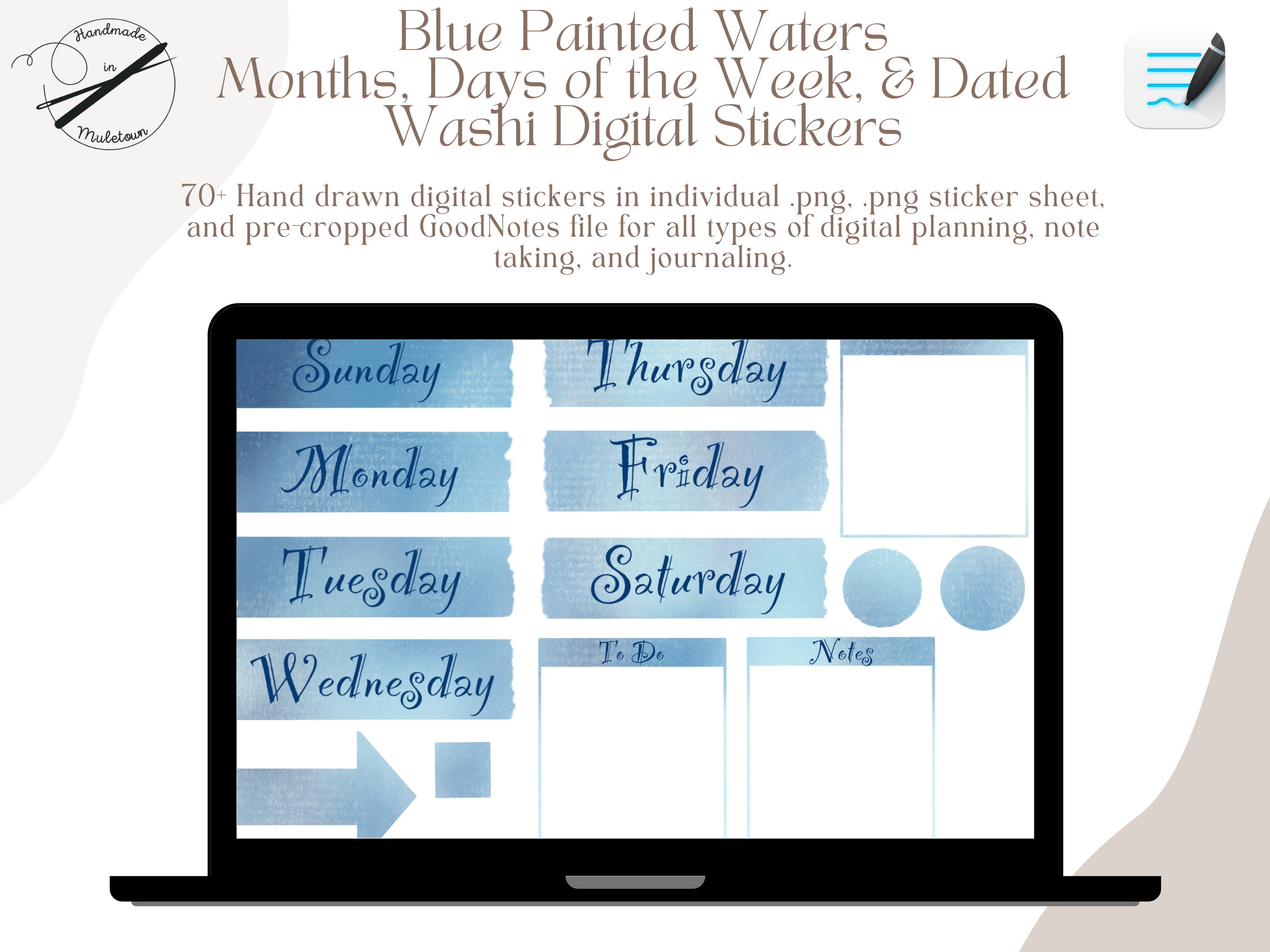 Blue Painted Waters Digital Planner Stickers, Hand-drawn Washi ...