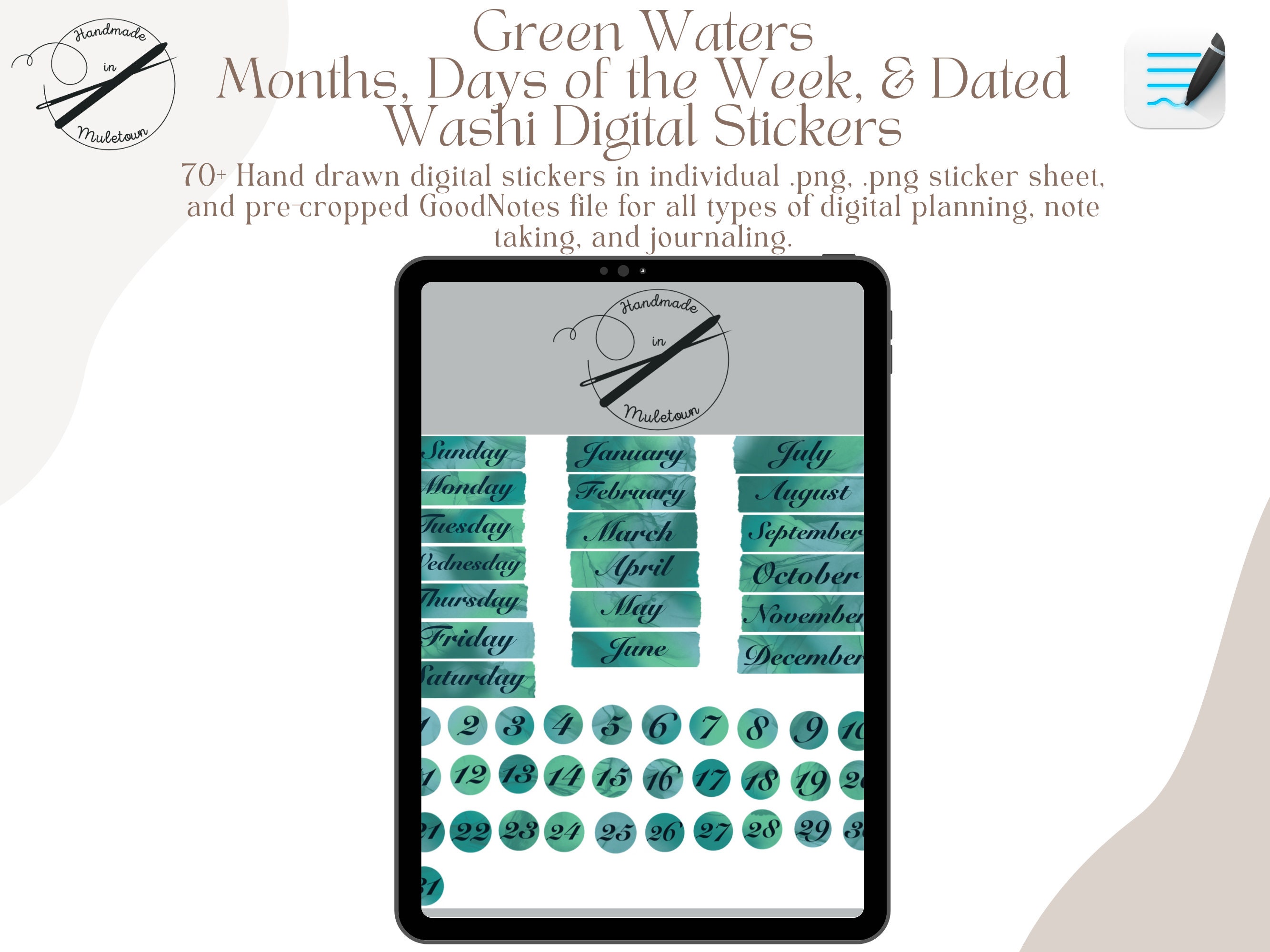 Months, Days of the Week, and Dated Hand Drawn Digital Stickers for ...