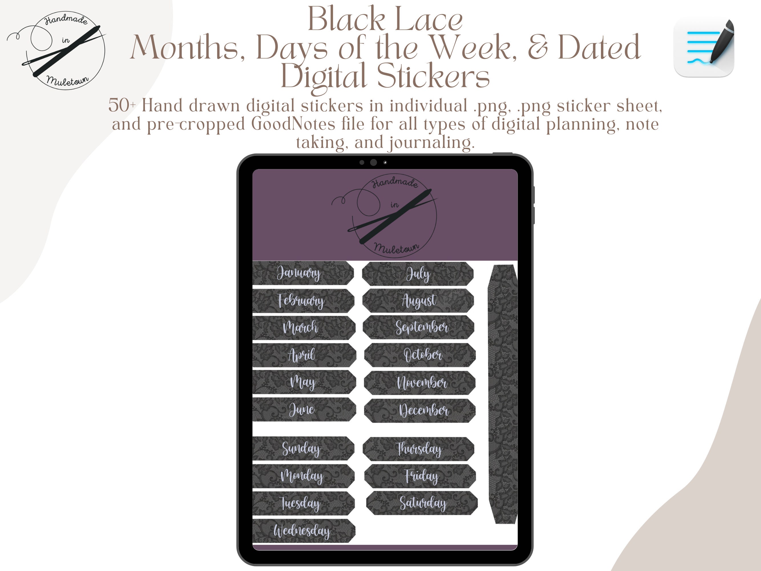 Months, Days of the Week, and Dated Hand Drawn Digital Stickers for ...