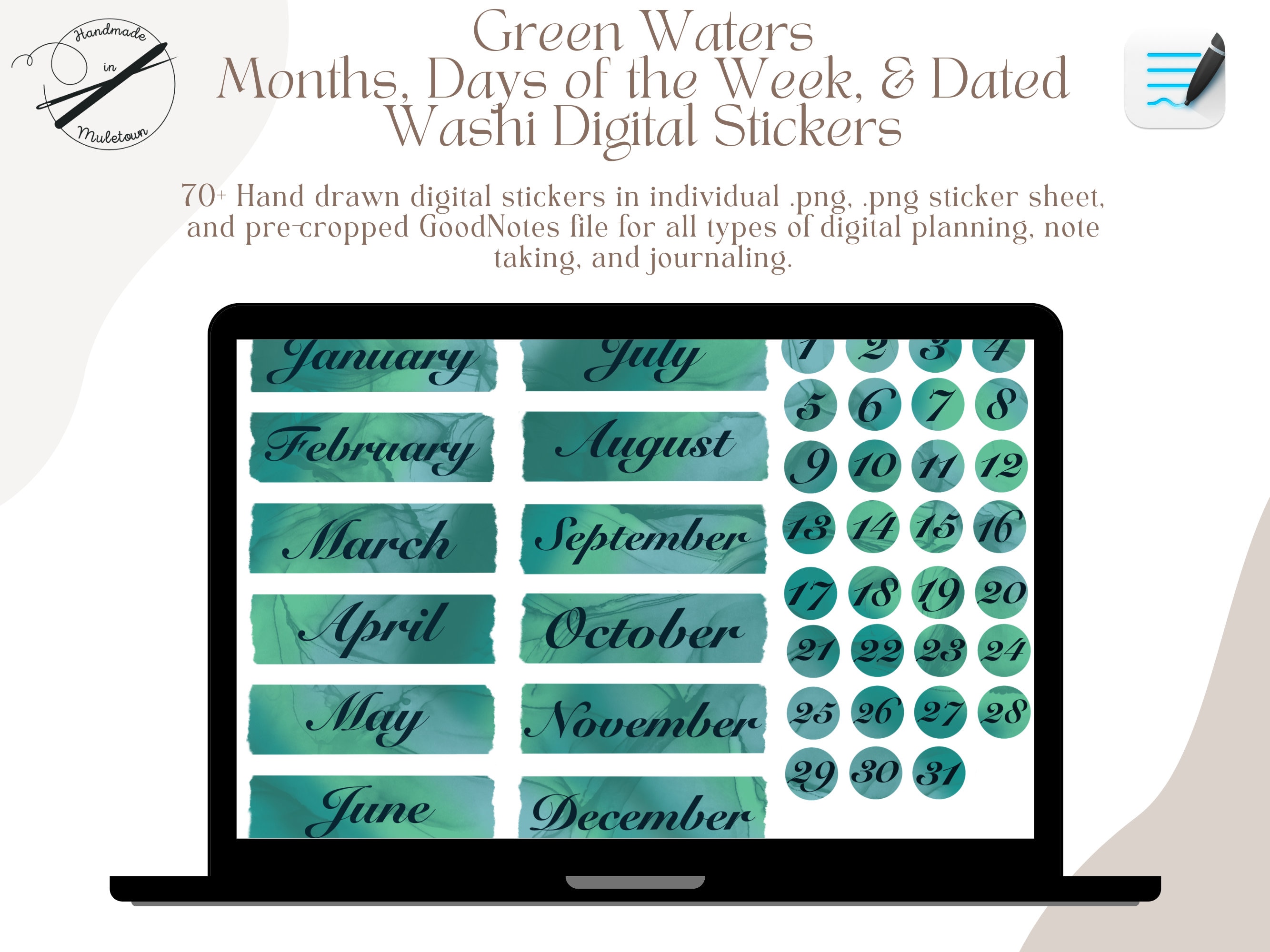 Months, Days of the Week, and Dated Hand Drawn Digital Stickers for ...