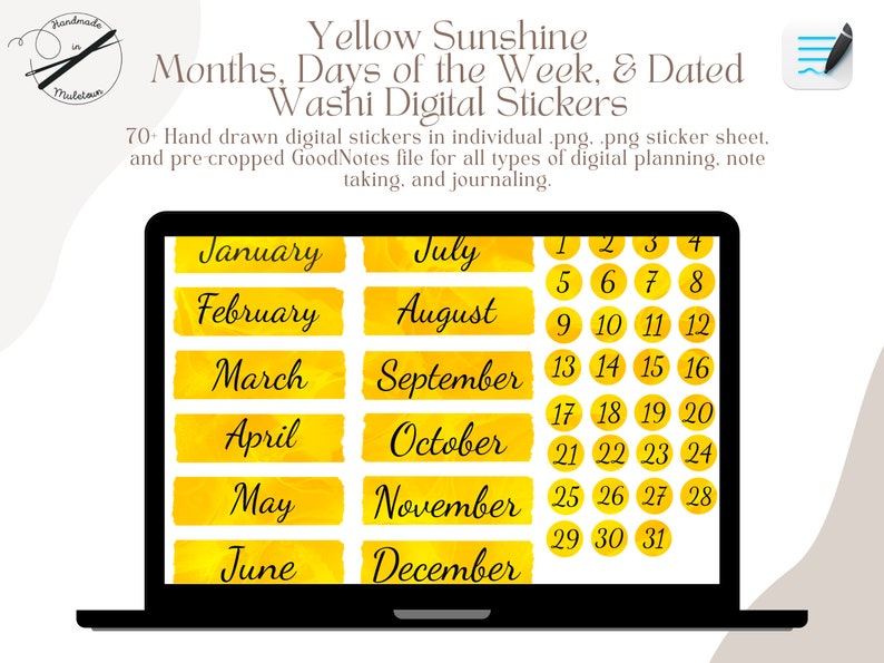 Months, Days of the Week, and Dated Hand Drawn Digital Stickers for ...