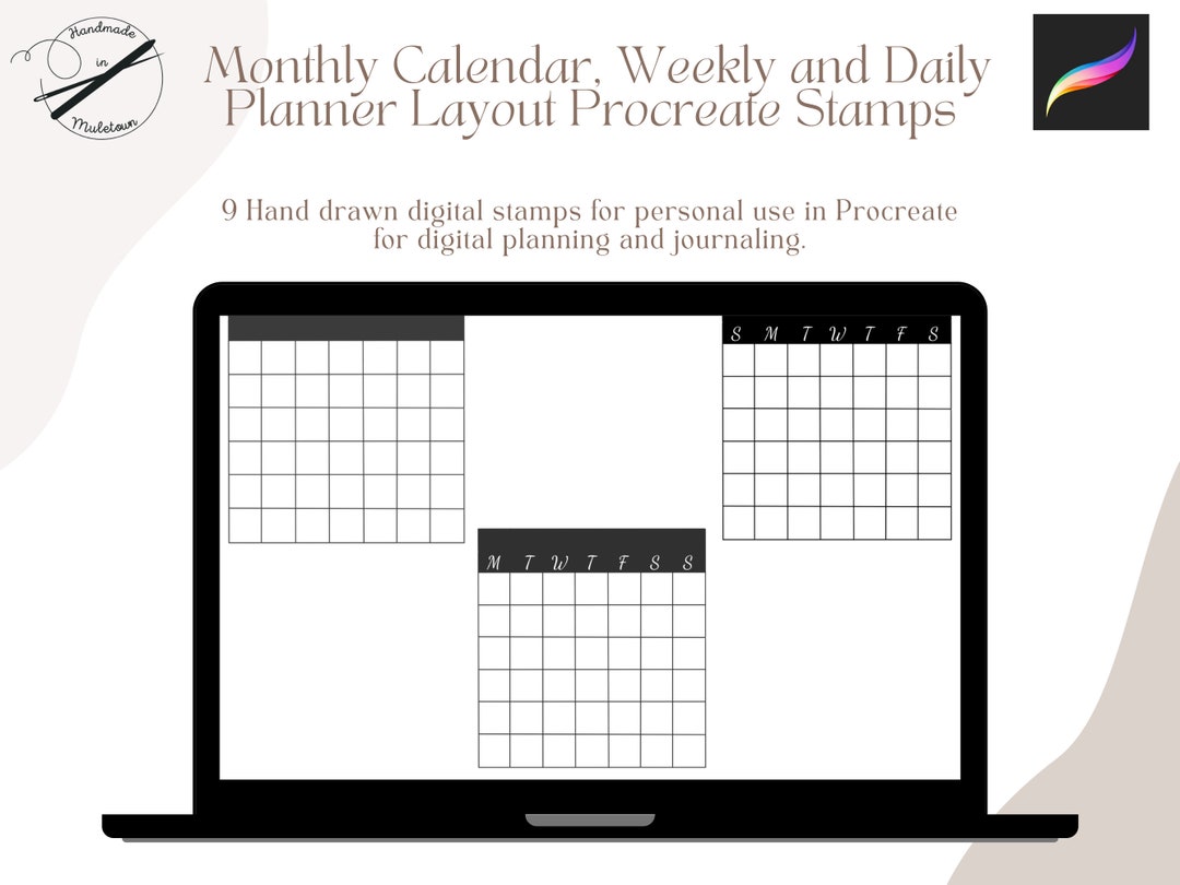 Monthly Calendar, Weekly Planner, and Daily Planner Layout Procreate ...