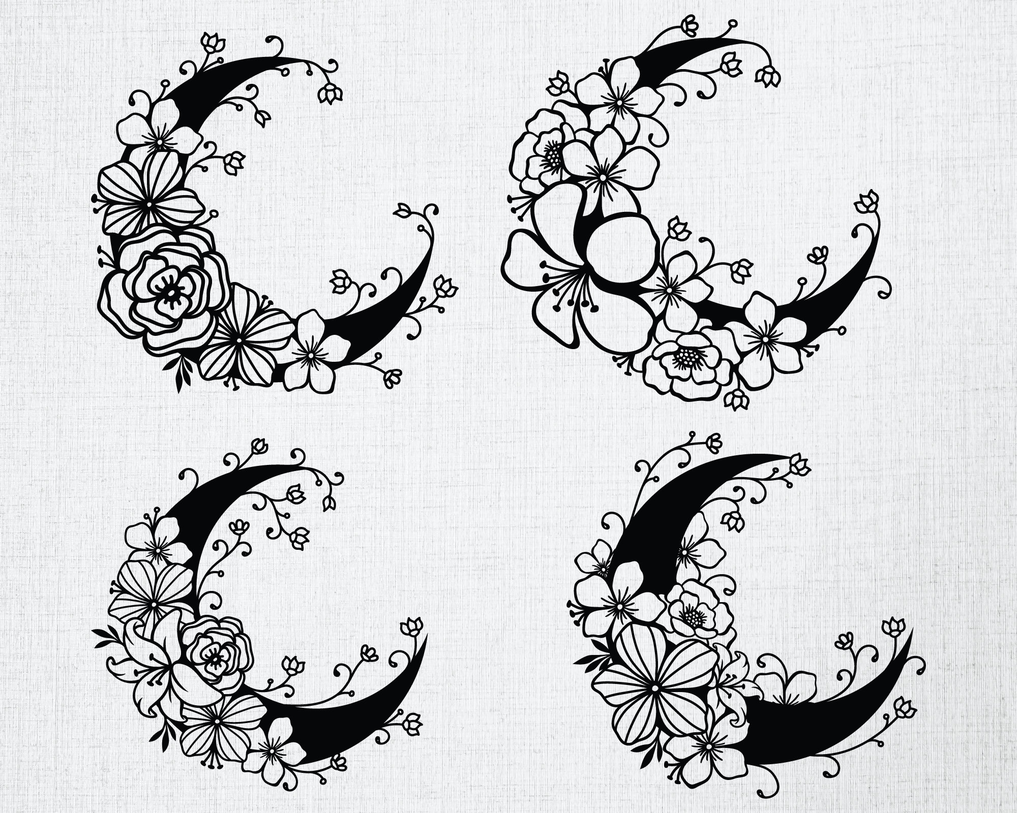 Crescent Moon Svg, Digital Download, Moon Flower Svg, Floral Sunflower ...