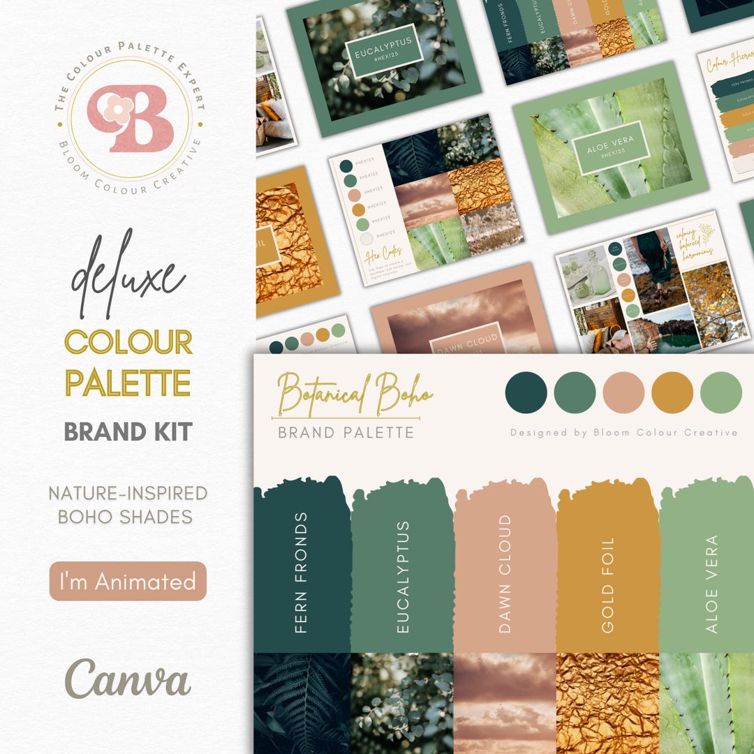 Botanical Boho Brand Colour Palette for Canva – Herbal Green Pink Gold ...