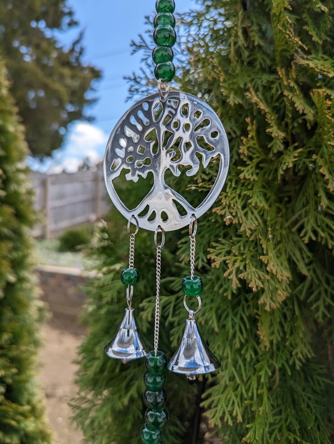 Triple Tree of Life Wind Chime: Brass Bells & Green Beads - Etsy