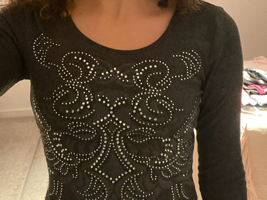 Grey Grunge Rhinestone Y2k Long Sleeve Top - Etsy