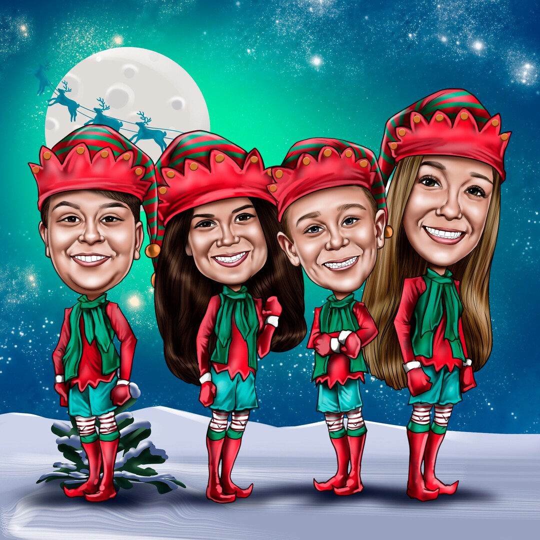 Elf Caricature, Christmas Elves Family Caricature, Custom Elf Cartoon ...