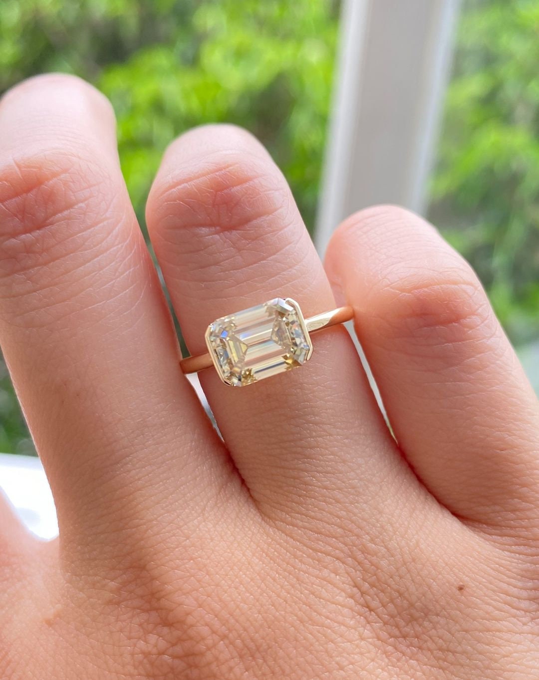 East West Emerald Cut Moissanite Engagement Ring Half Bezel - Etsy
