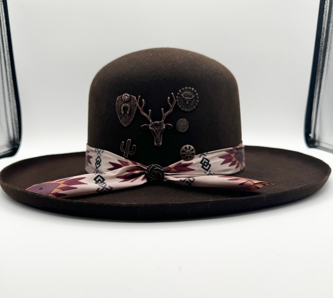 Brown Round Top Hat With Pins and Ribbon size Large - Etsy