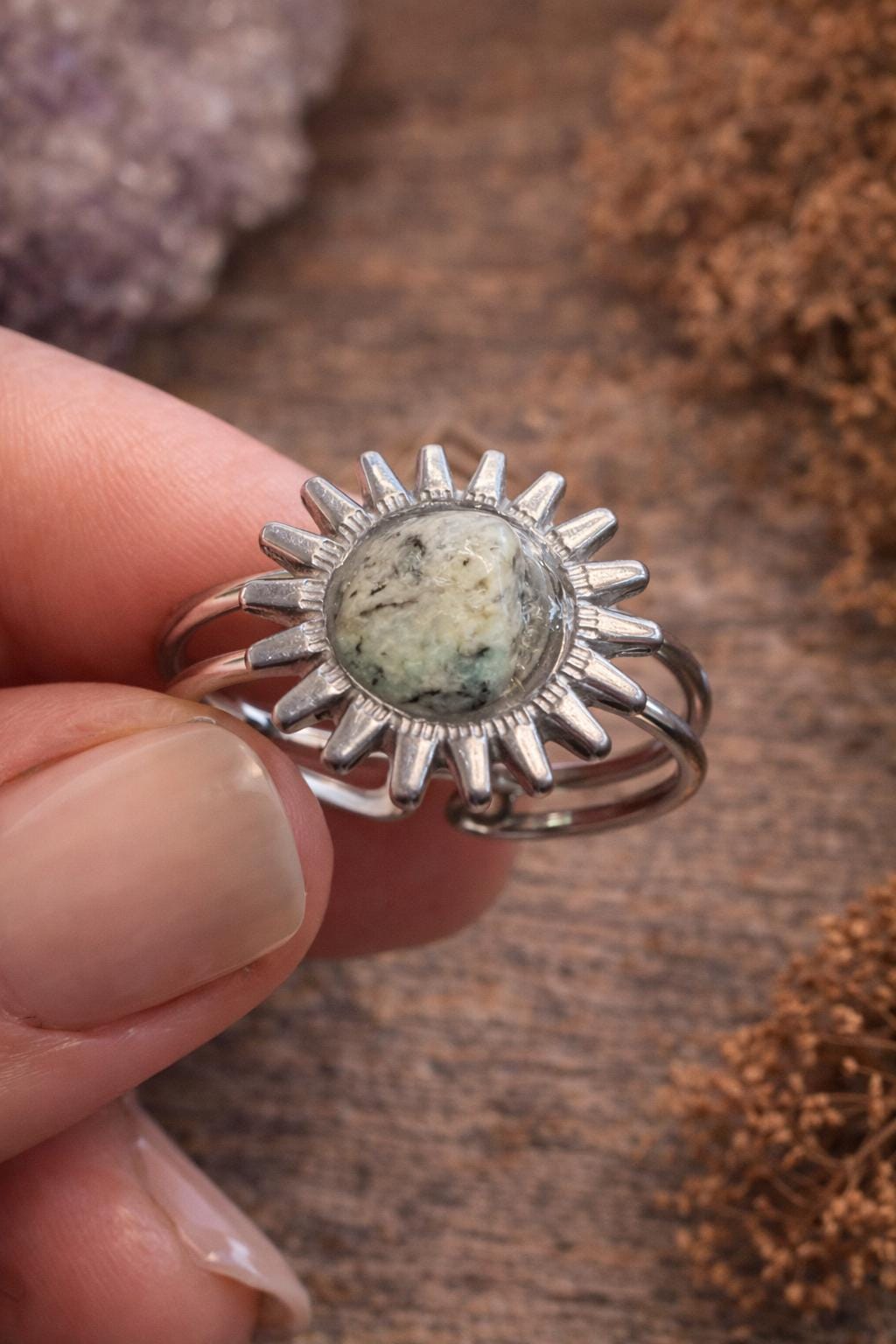Adjustable Stainless Sunburst Ring With Custom Natural Gem–artisan ...
