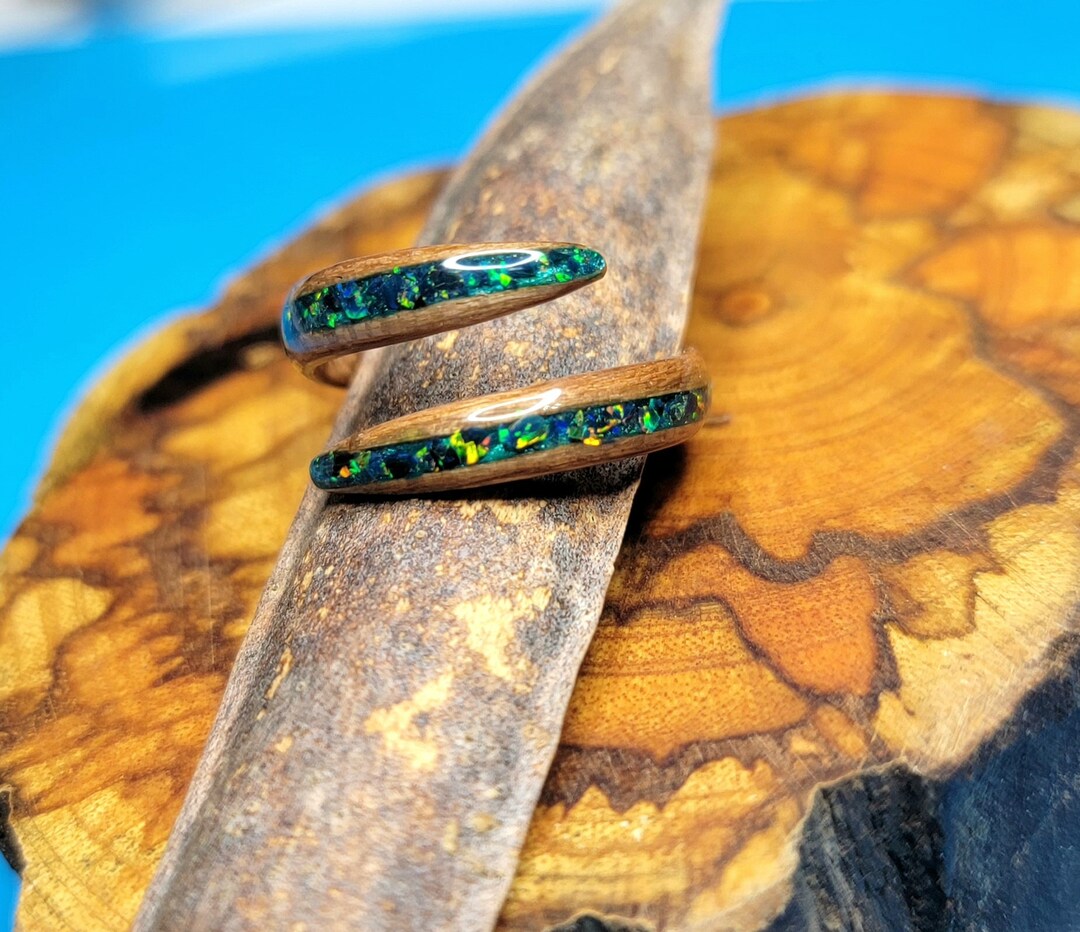Hand-carved Cherry Wood Ring With Dragon Scale Opal Inlay Wooden Spiral ...