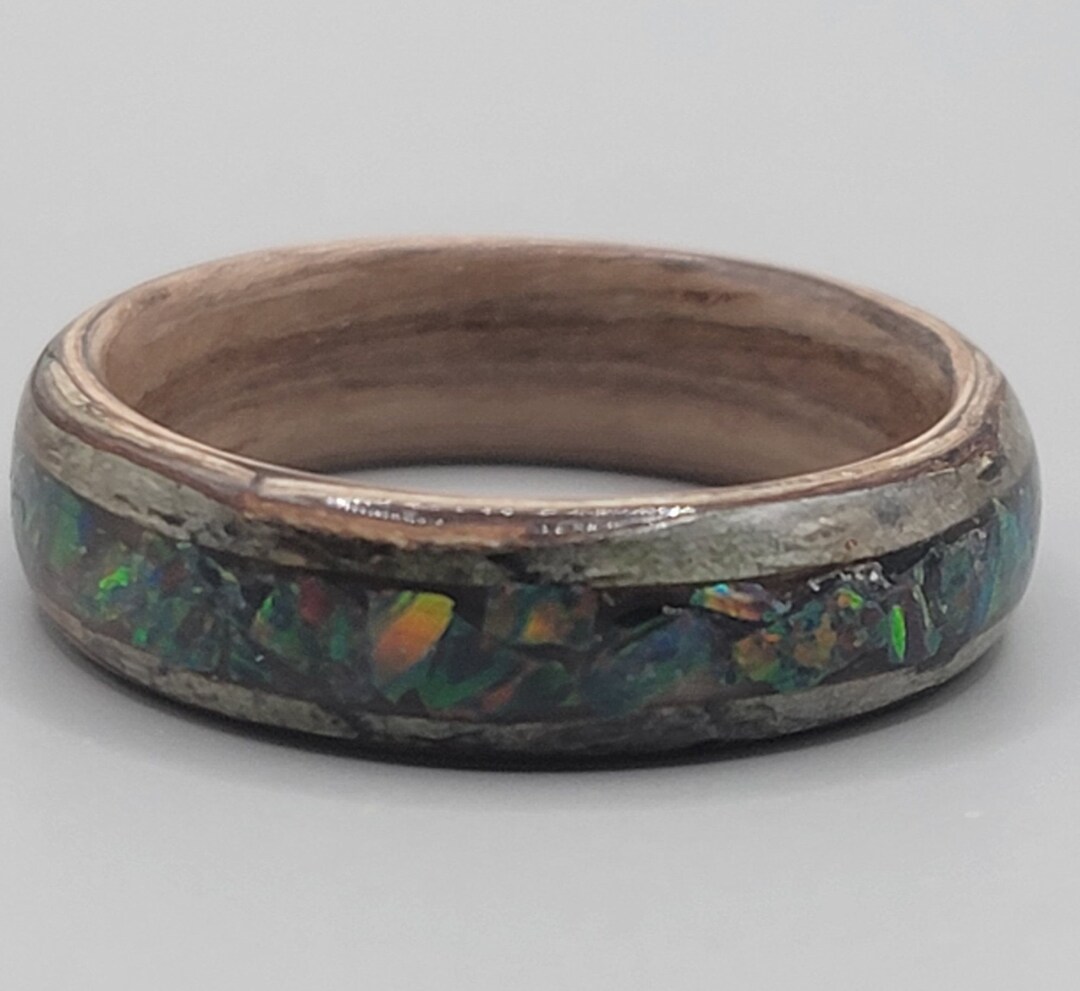 Apricot Wood, Bark and Blackfire Opal Ring; Wooden Ring; Handcrafted ...