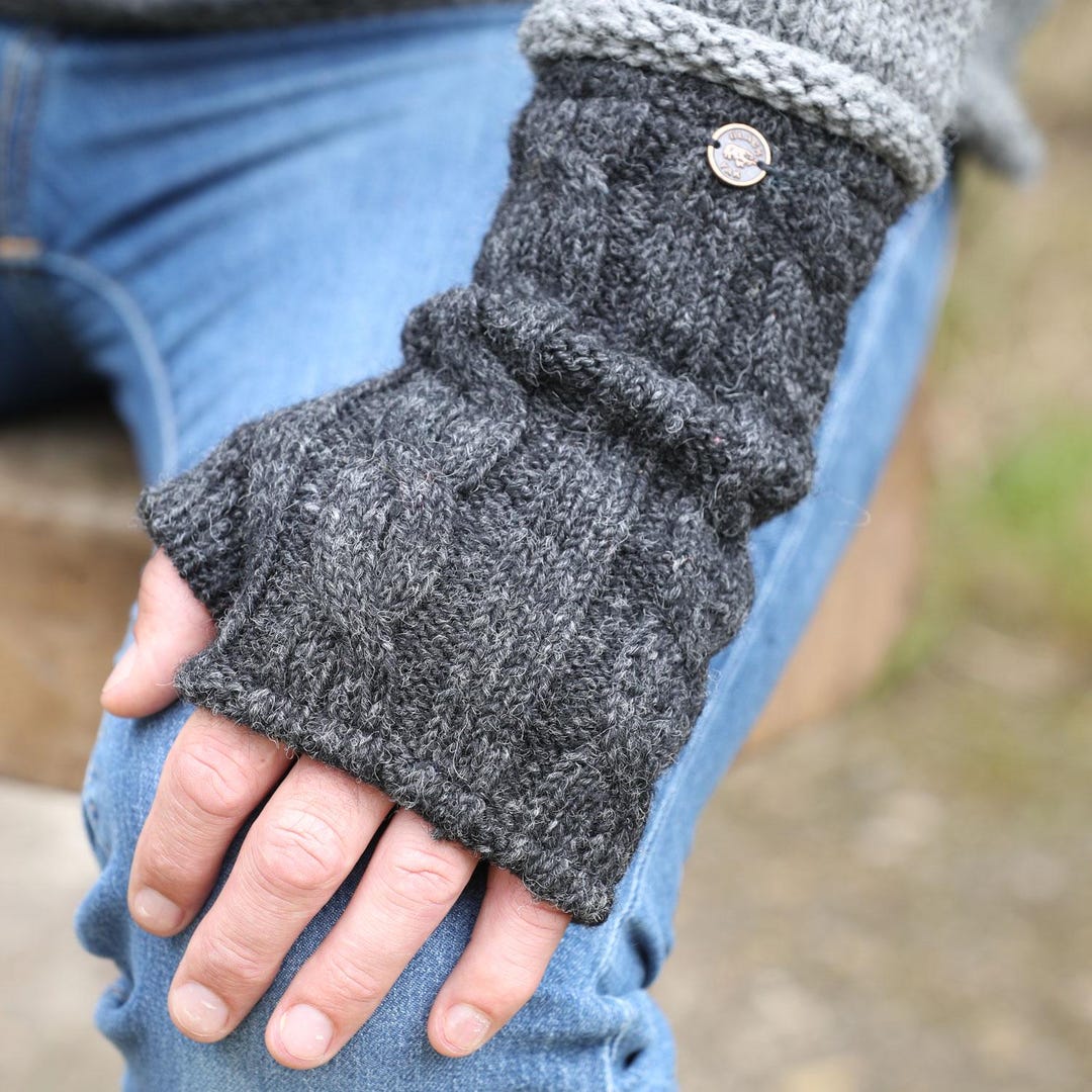 Hand Knitted Wool Cable Knit Wrist Warmers: Fleece Lined Fingerless ...