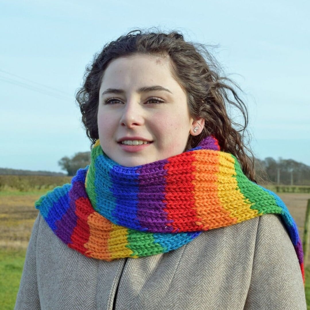 Fairtrade Hand Knitted Rainbow Scarf in 100% Pure Wool - Multi Coloured ...