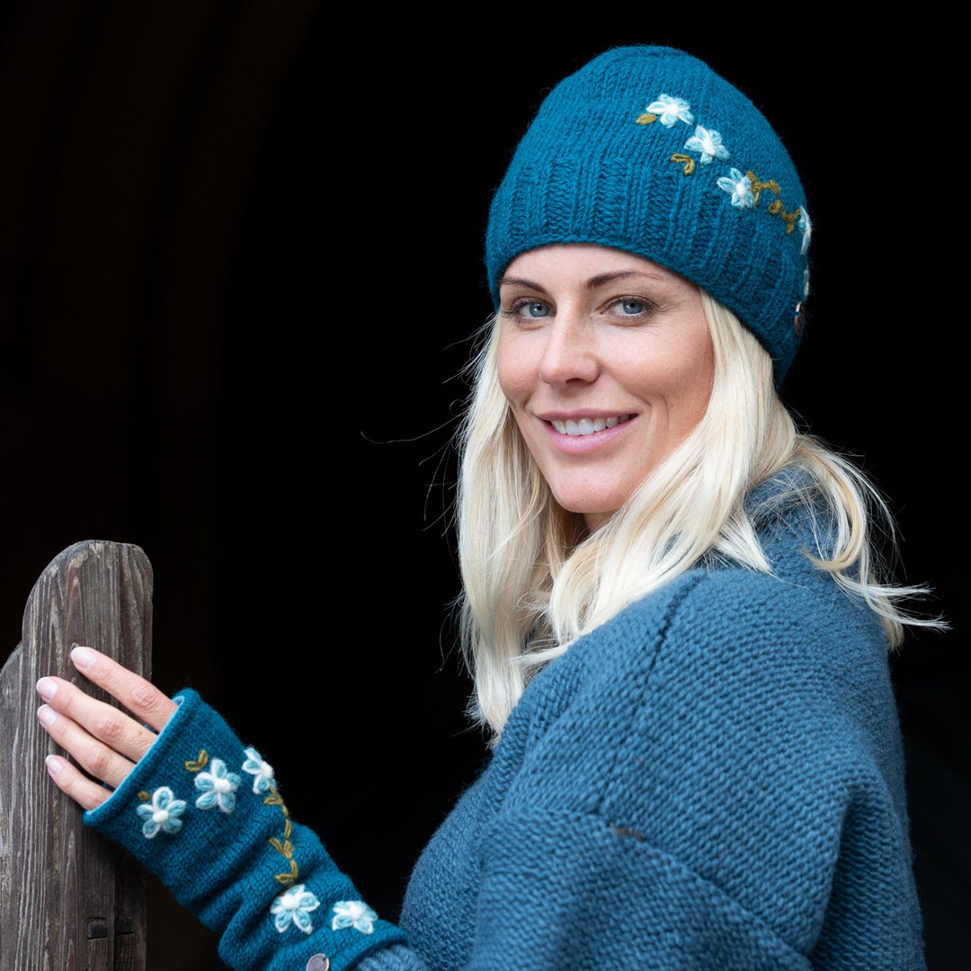 Knitted Wool Beanie Hat and Wristwarmers Embroidered Petite Flower 100% ...