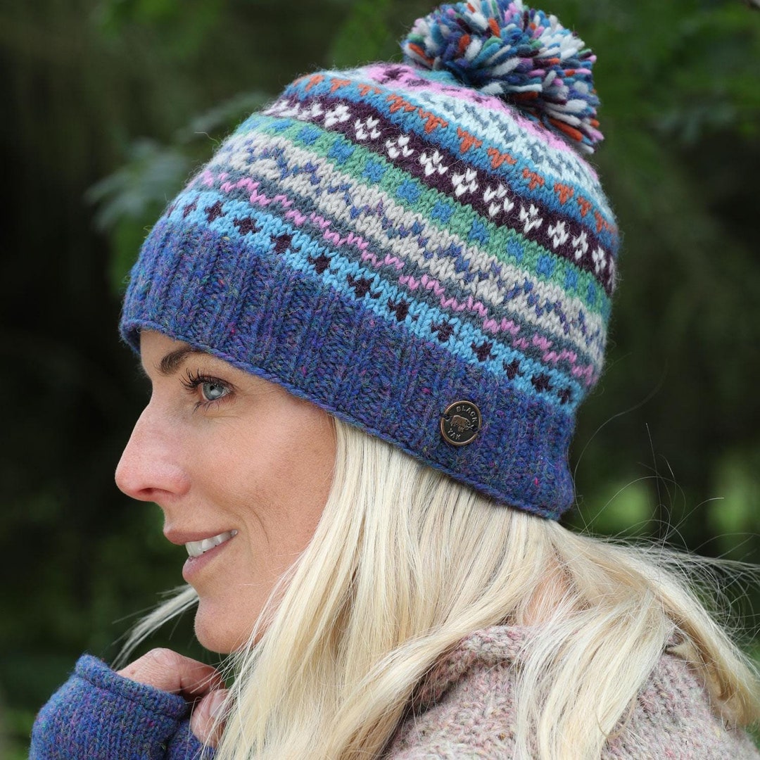 Fair Isle Bobble Hat - 3 Colours Available - Handknitted - 100% Wool - Winter Hat - Fleece Lined ...