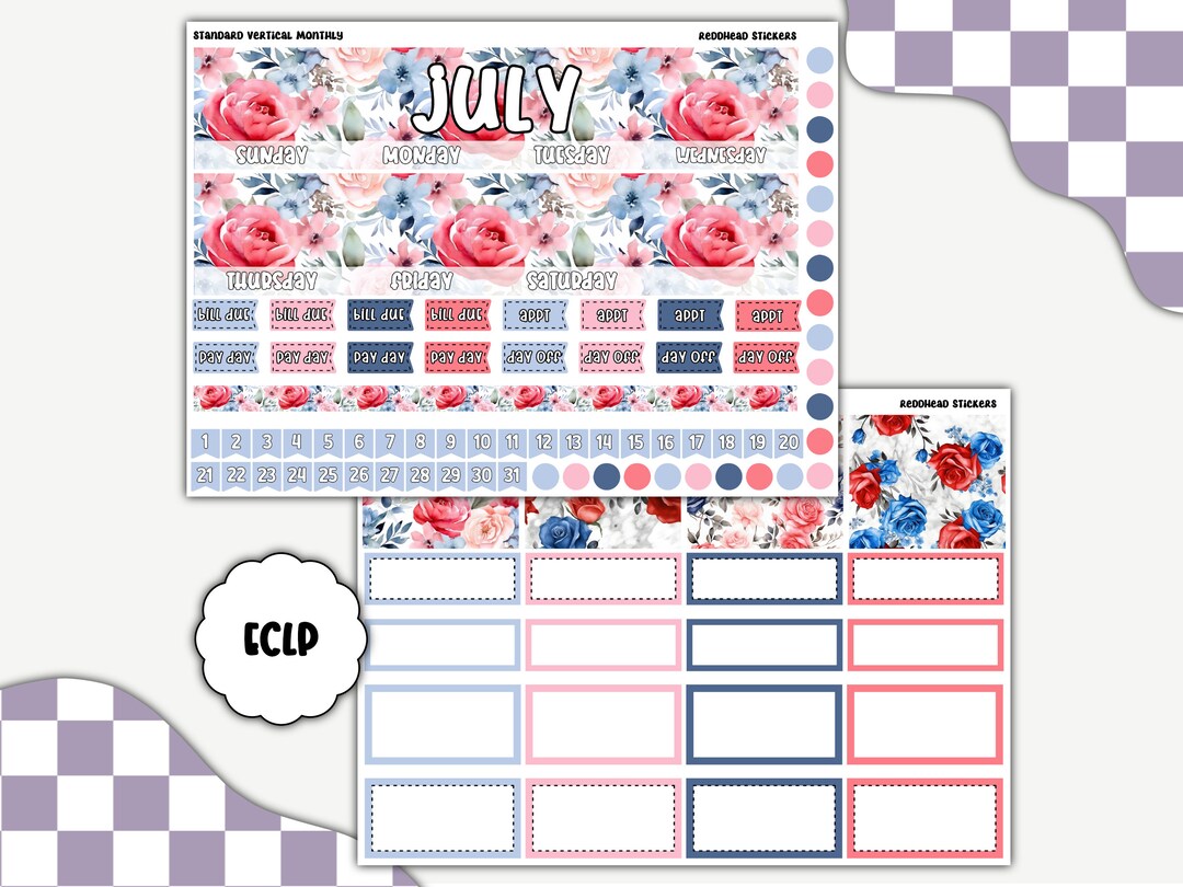 Vertical Planner Sticker Monthly Kit July Planner Stickers Calendar ...